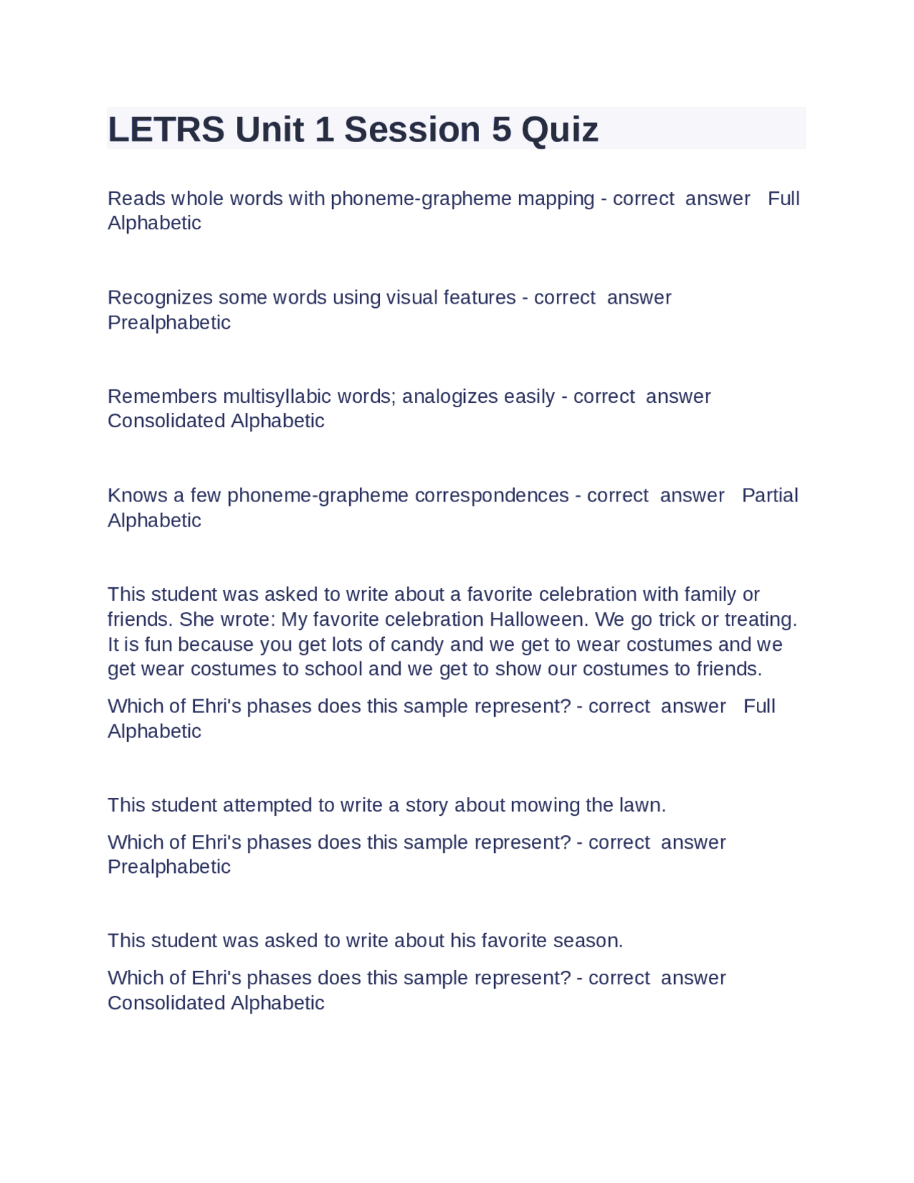 LETRS Unit 1 Session 5 Quiz: Assessing Reading Development | Exams ...