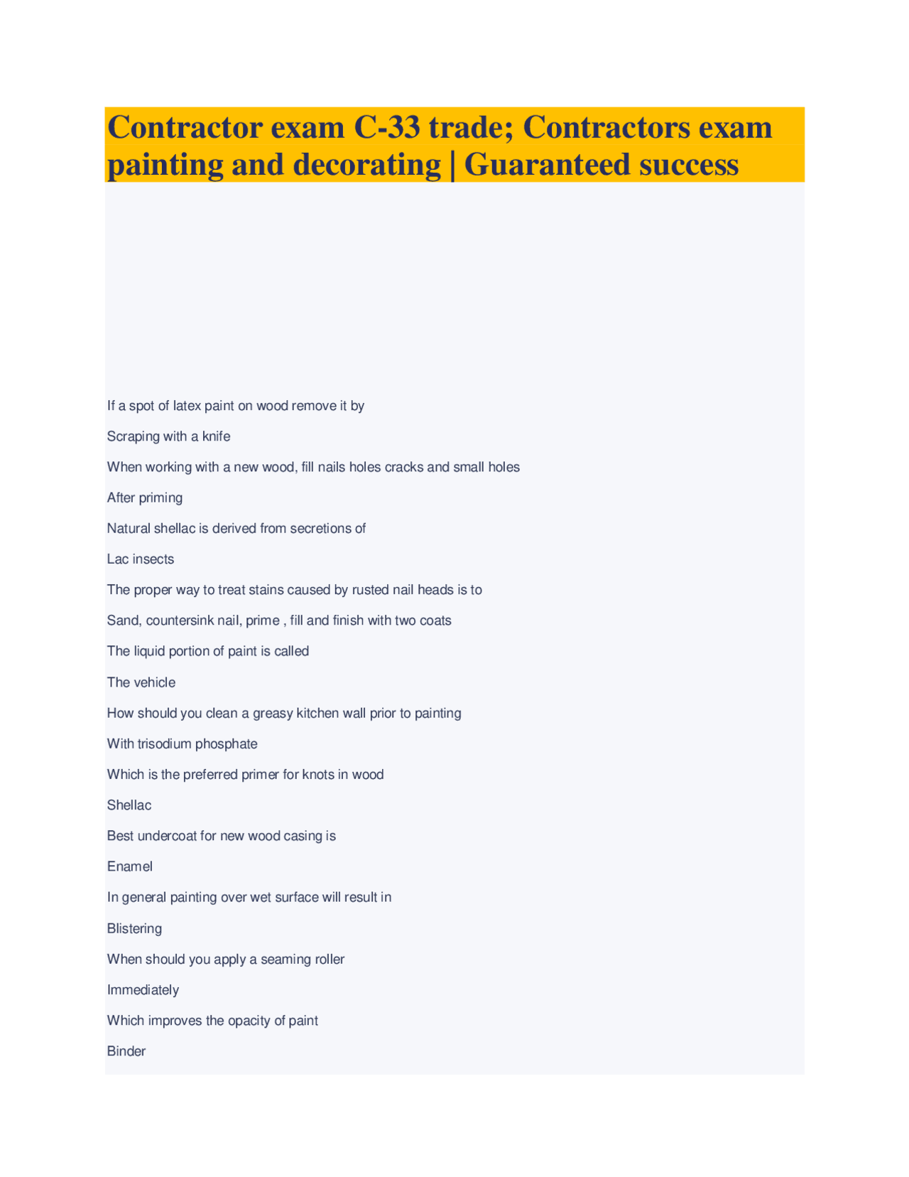 Contractor Exam C-33 Trade: Painting and Decorating | Exams Construction | Docsity