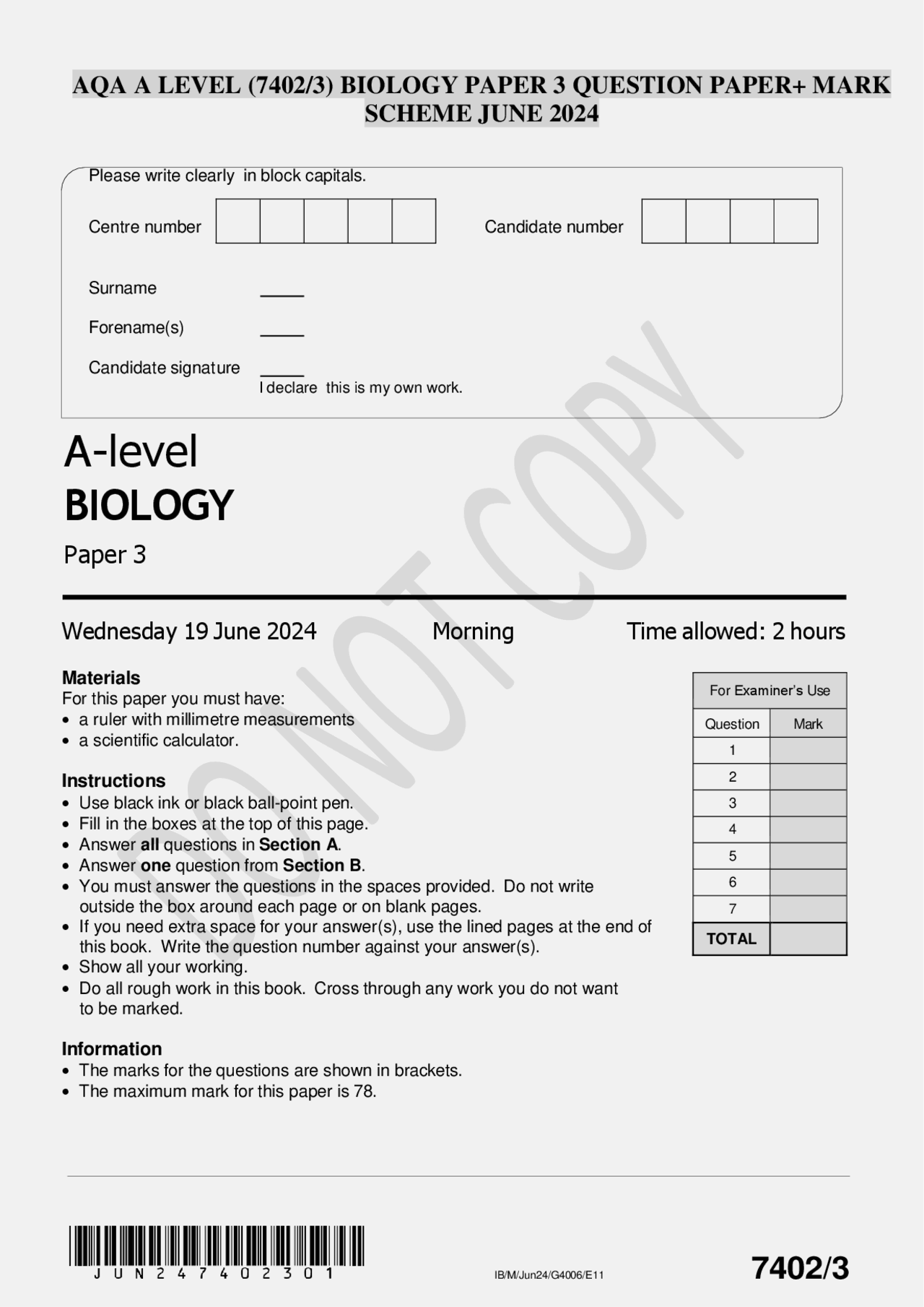 AQA A LEVEL (7402/3) BIOLOGY PAPER 3 QUESTION PAPER+ MARK SCHEME JUNE ...