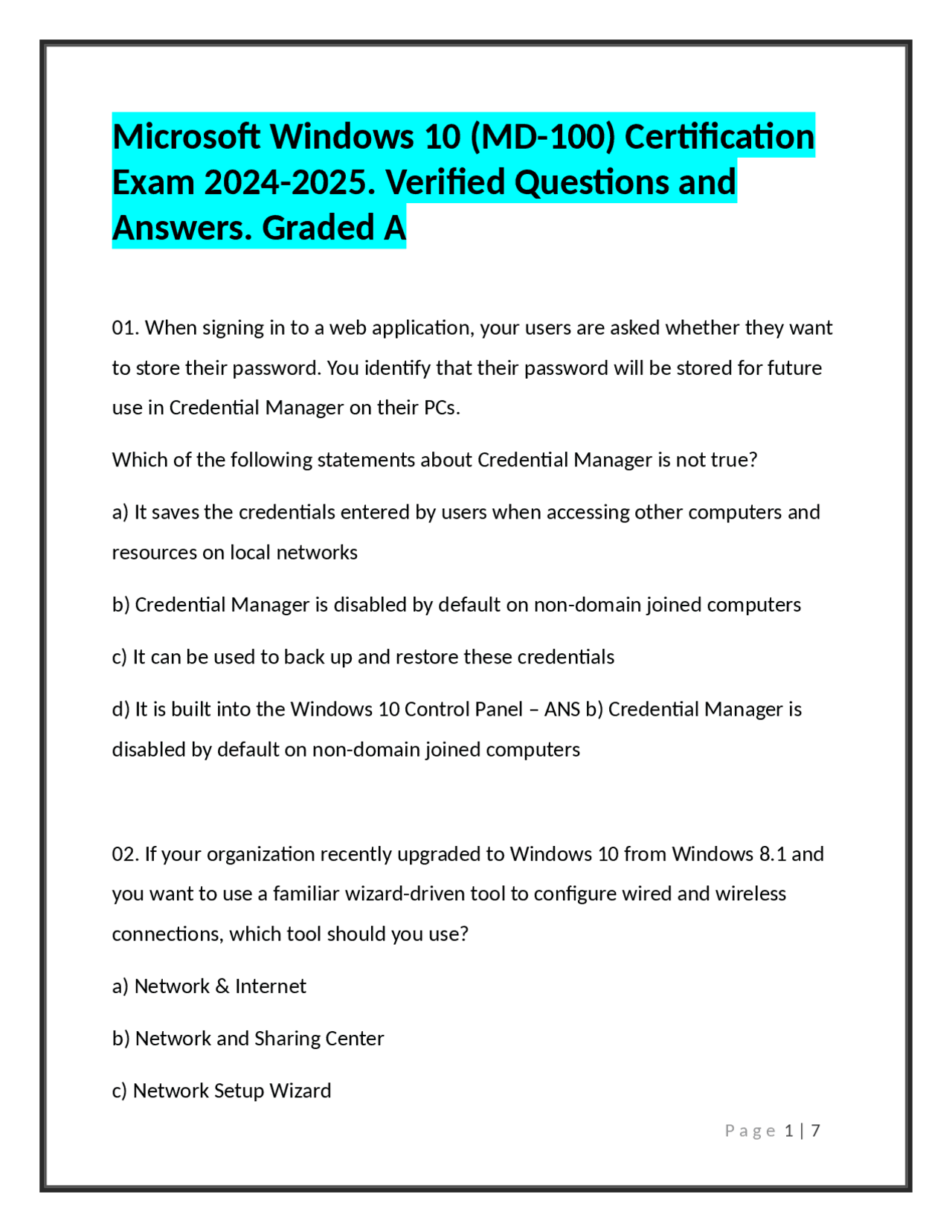 Microsoft Windows 10 (MD-100) Certification Exam 2024-2025: Practice Questions and Answers ...