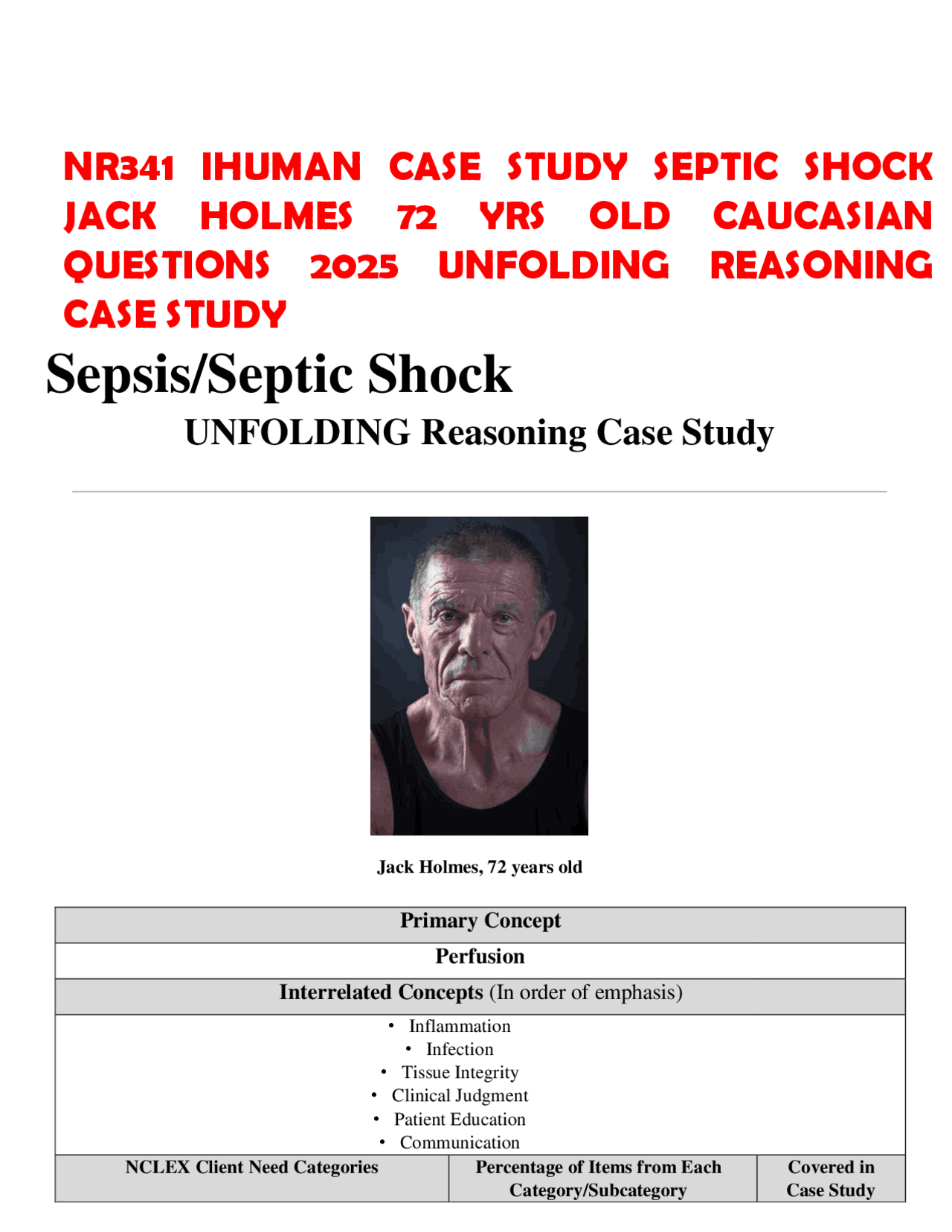 Septic Shock Case Study: Jack Holmes - NR341 IHUMAN | Exams Nursing ...