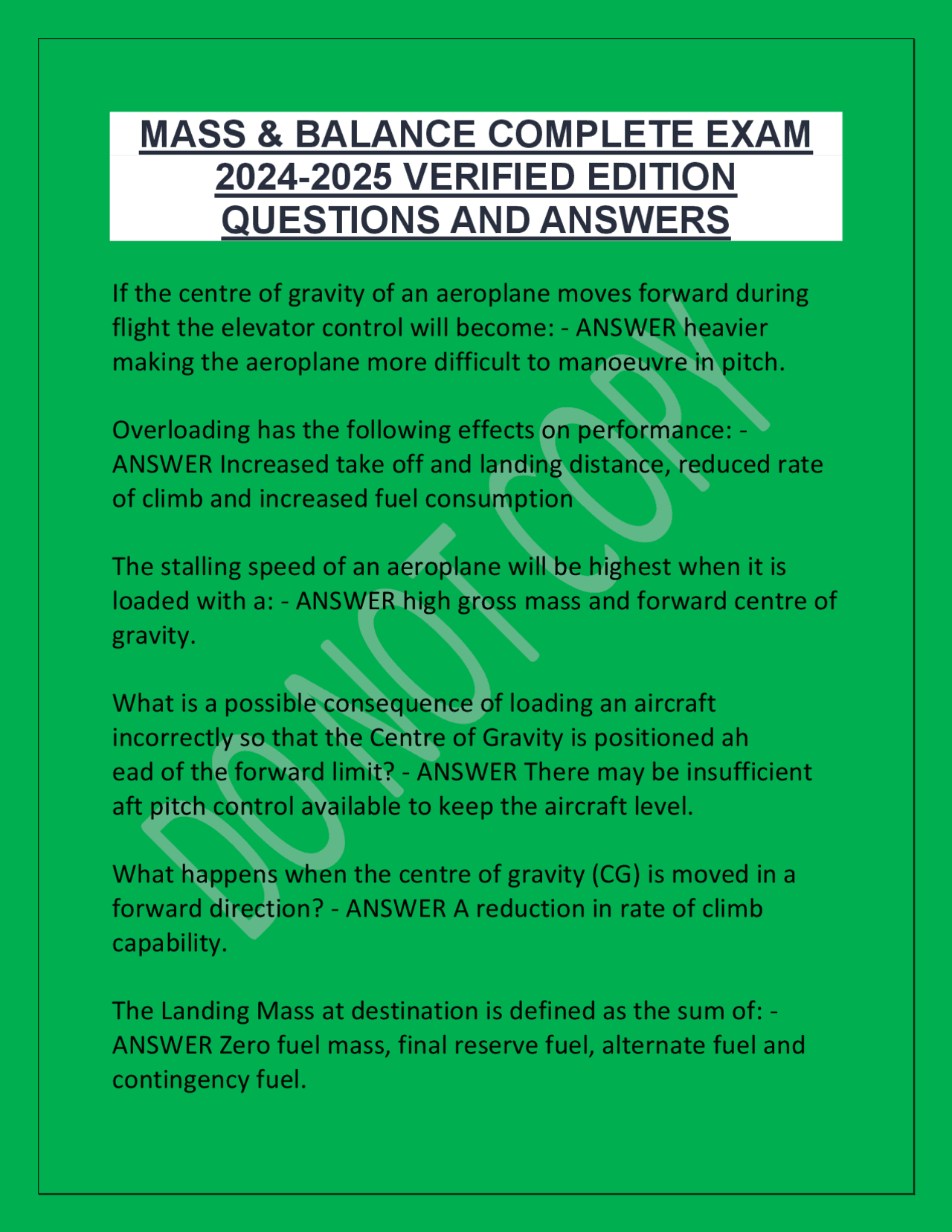MASS & BALANCE COMPLETE EXAM 2024-2025 VERIFIED EDITION QUESTIONS AND ...