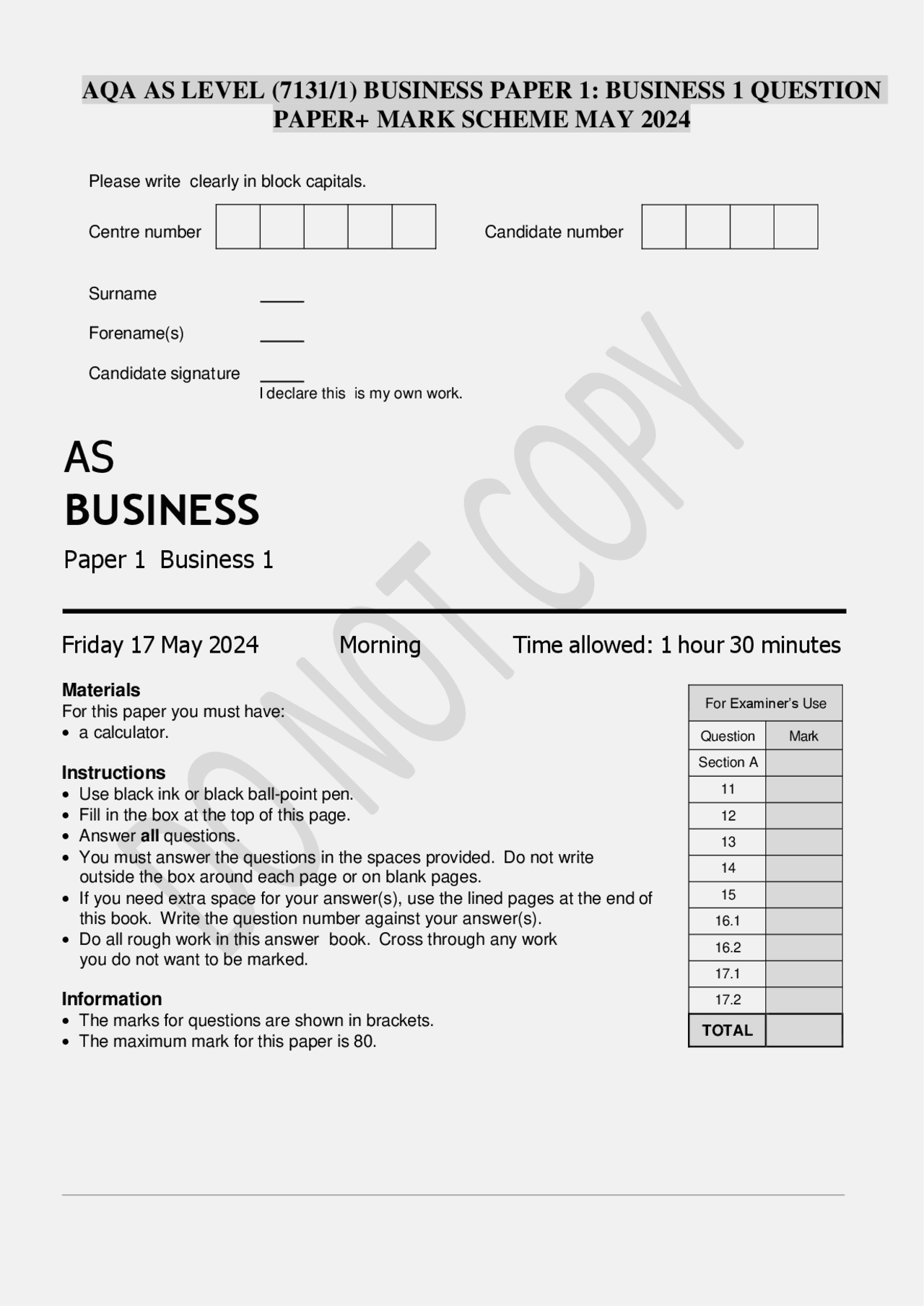 AQA AS LEVEL (7131/1) BUSINESS PAPER 1: BUSINESS 1 QUESTION PAPER+ MARK ...