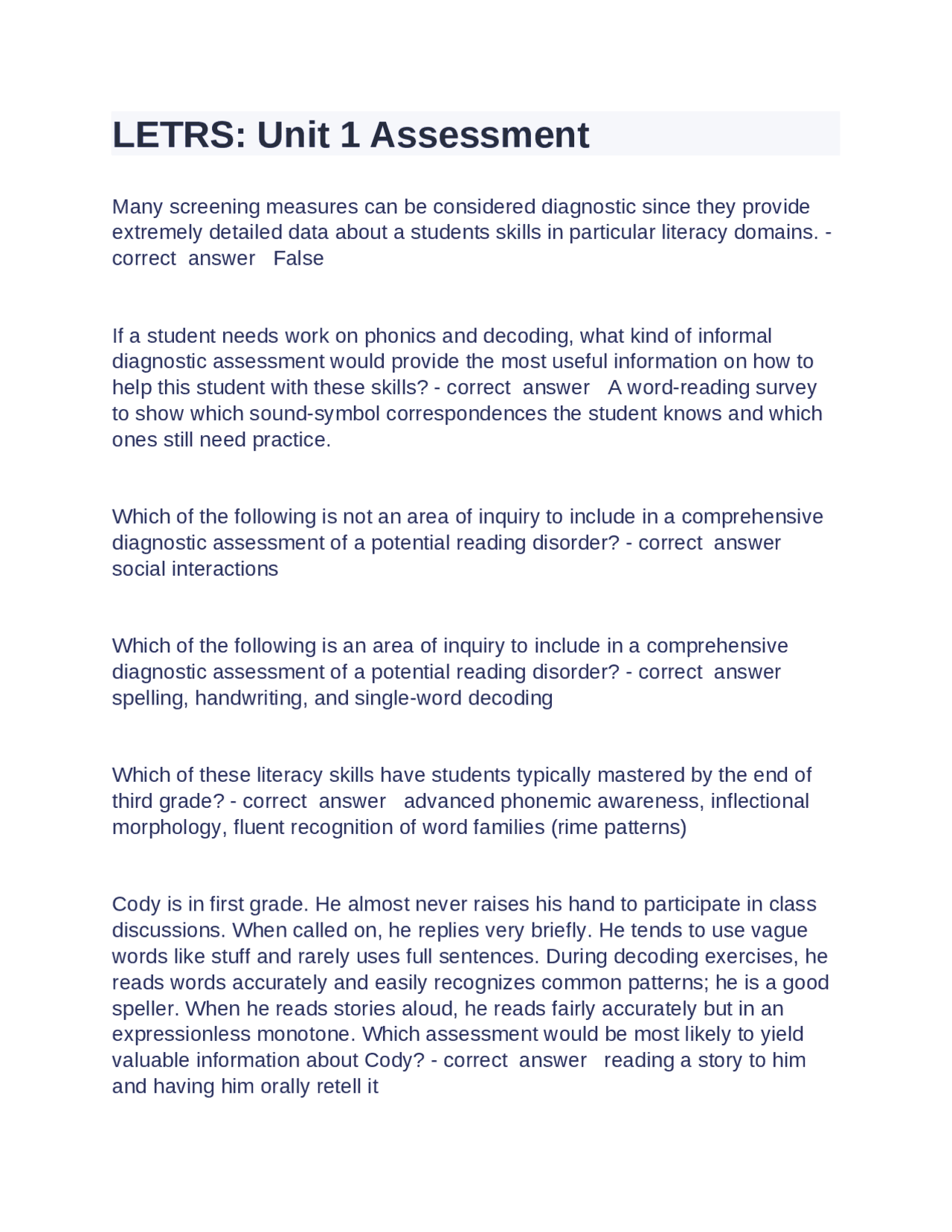 LETRS: Unit 1 Assessment - Reading Skills and Interventions | Exams ...