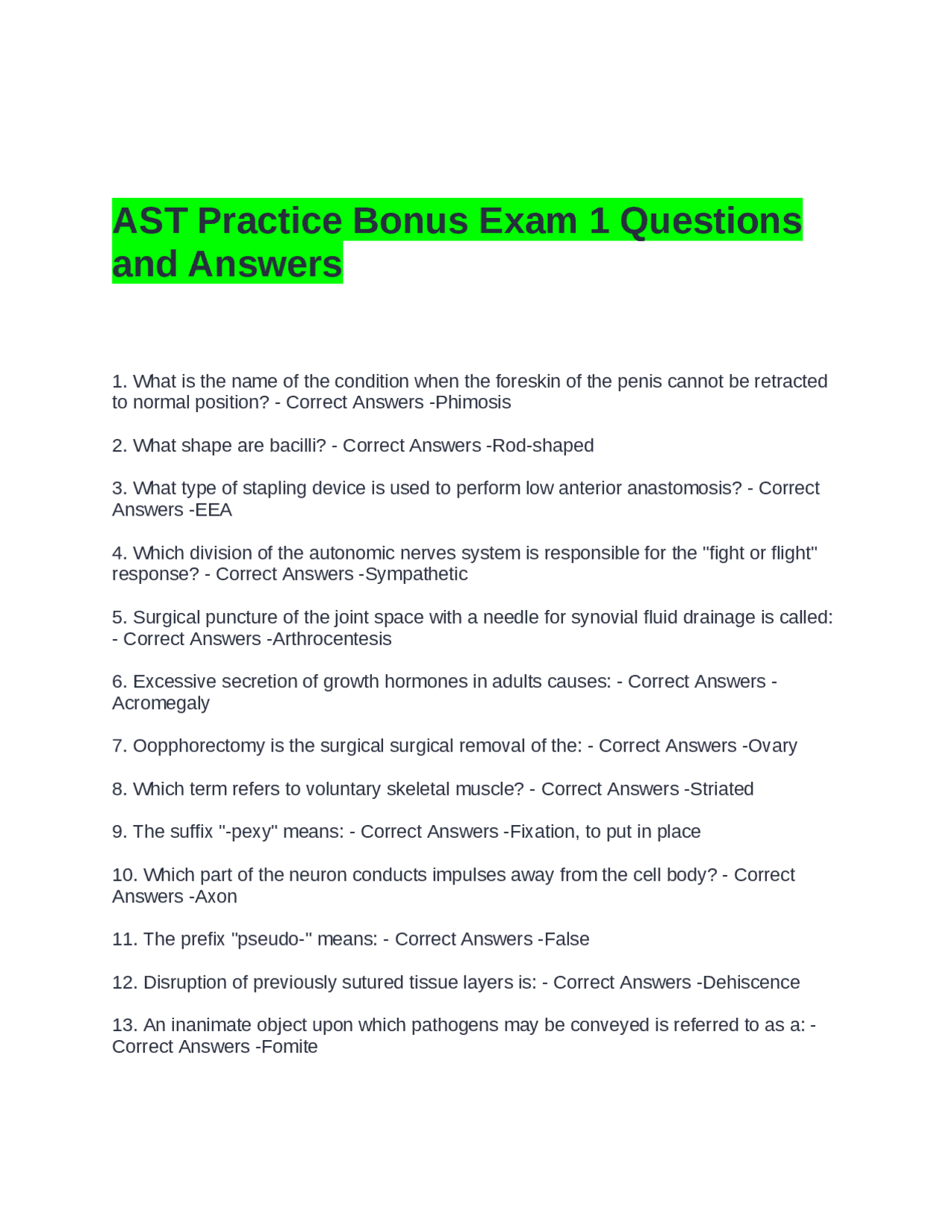 AST Practice Bonus Exam 1: Anatomy and Physiology Questions and Answers ...