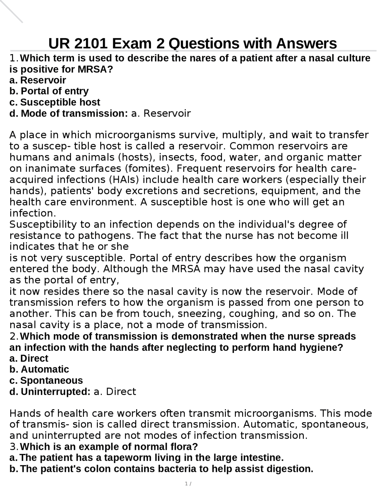 UR 2101 Exam 2 Questions with Answers: Infection Control and ...