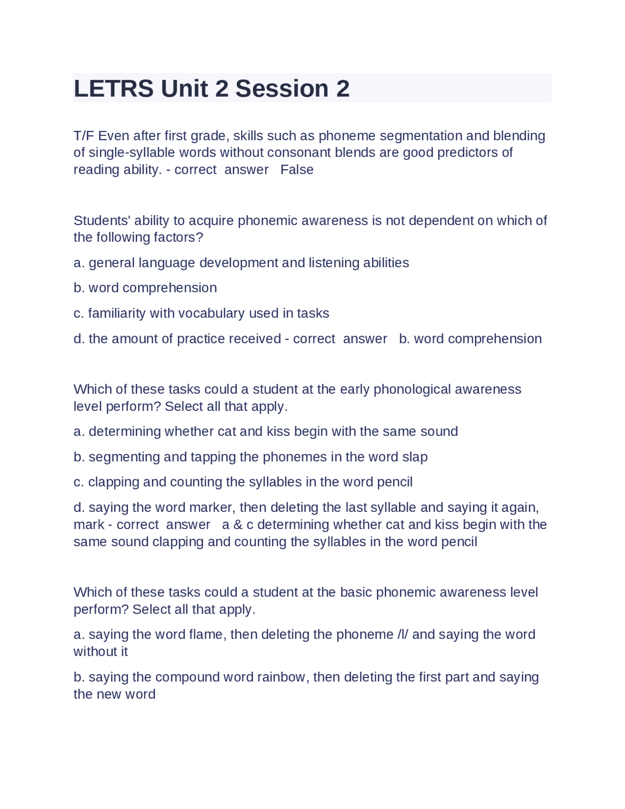 LETRS Unit 2 Session 2 Questions with complete solution | Exams Nursing ...