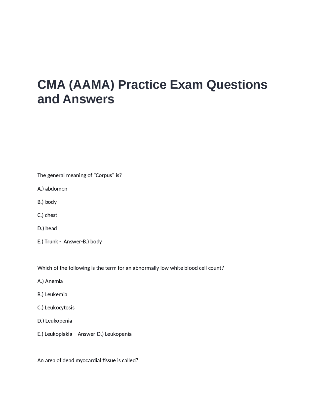 CMA (AAMA) Practice Exam Questions and Answers | Exams Nursing | Docsity