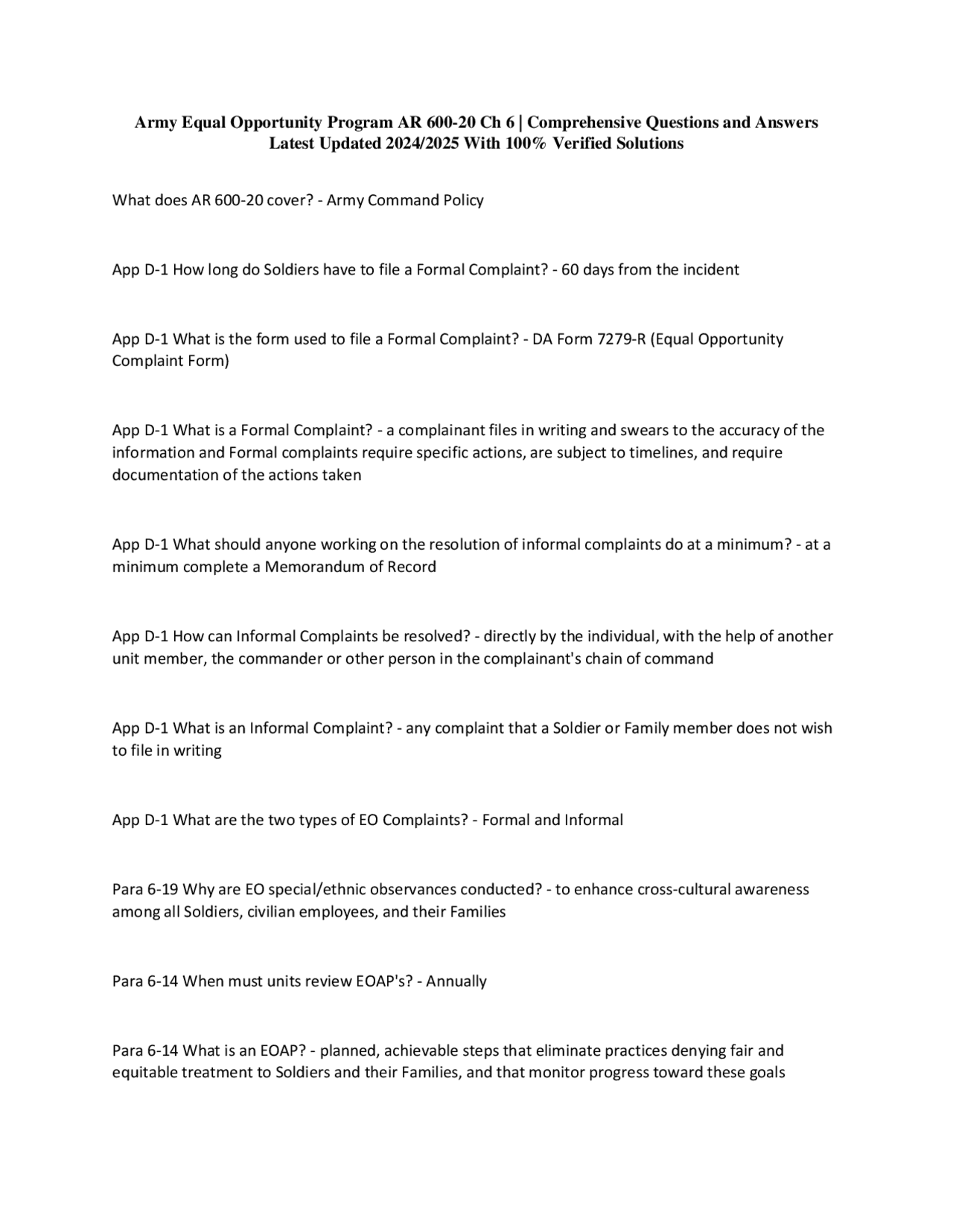 Army E6 Board Exam | Comprehensive Questions and Answers Latest Updated ...