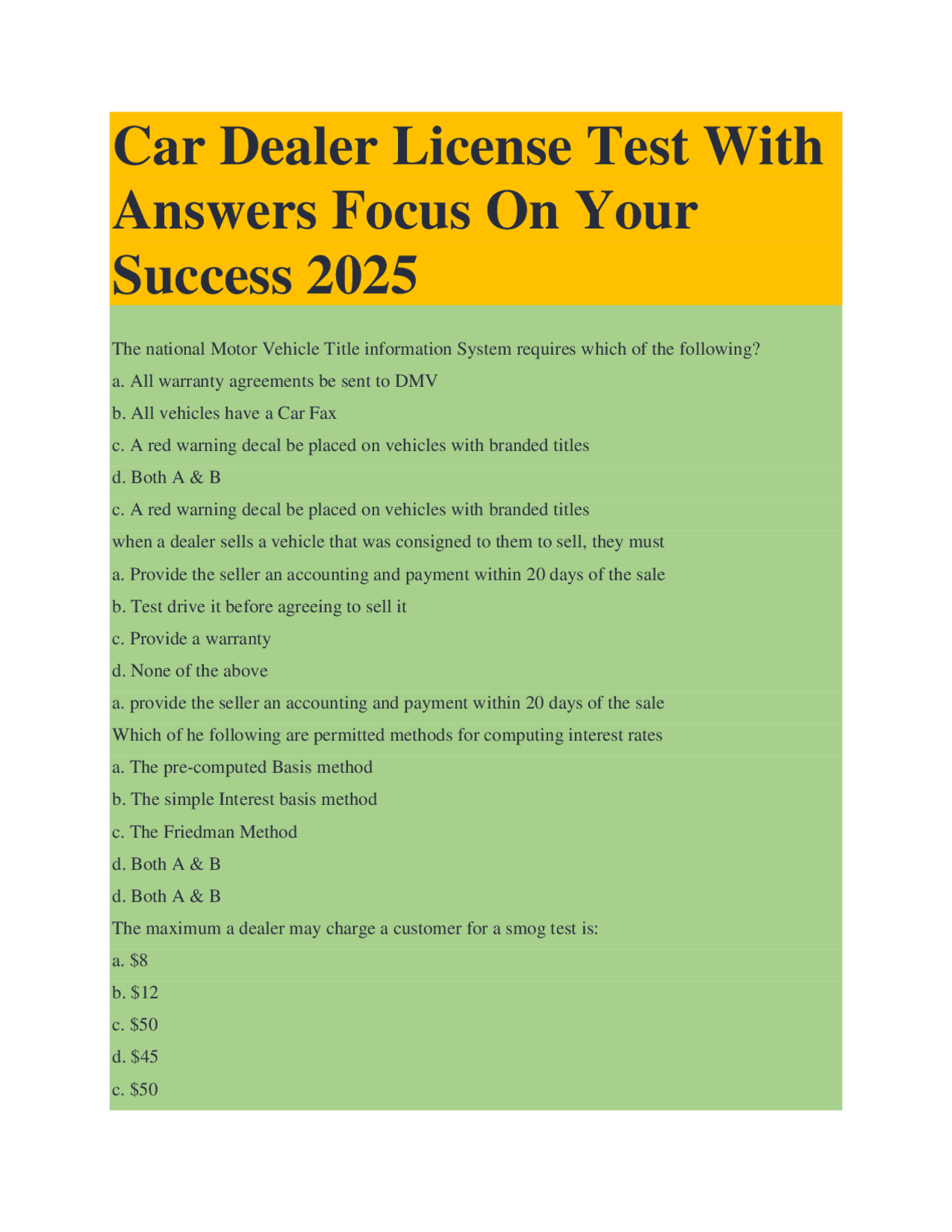 Car Dealer License Test With Answers Focus On Your Success 2025 | Exams ...