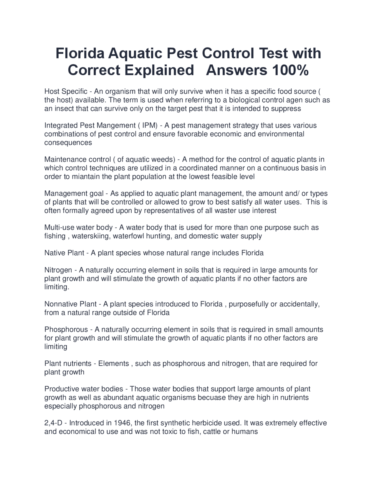 Florida Aquatic Pest Control Test with Correct Explained Answers 100% ...