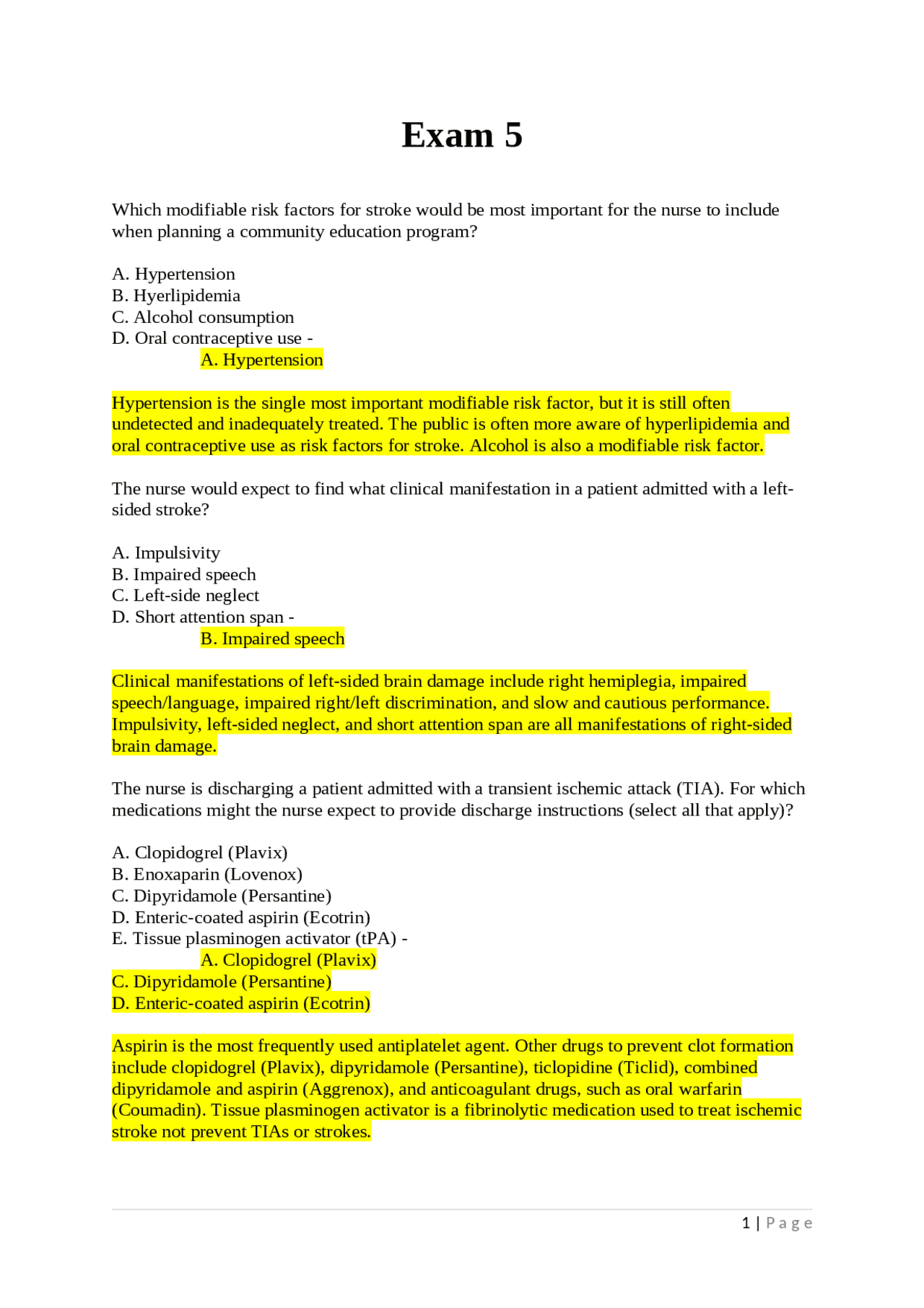 Stroke: Multiple Choice Questions and Answers for Nursing Students ...