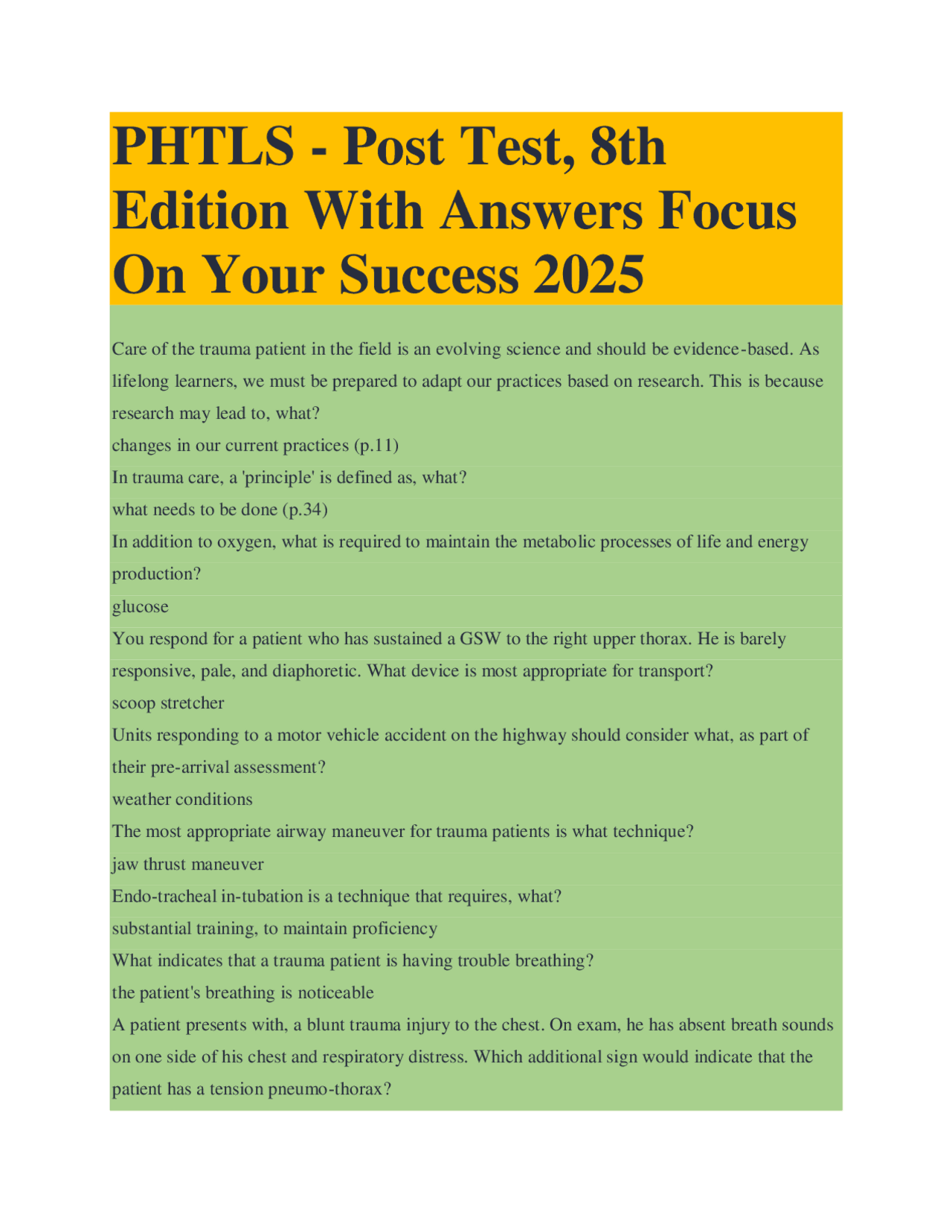 PHTLS - Post Test, 8th Edition With Answers Focus On Your Success 2025 ...