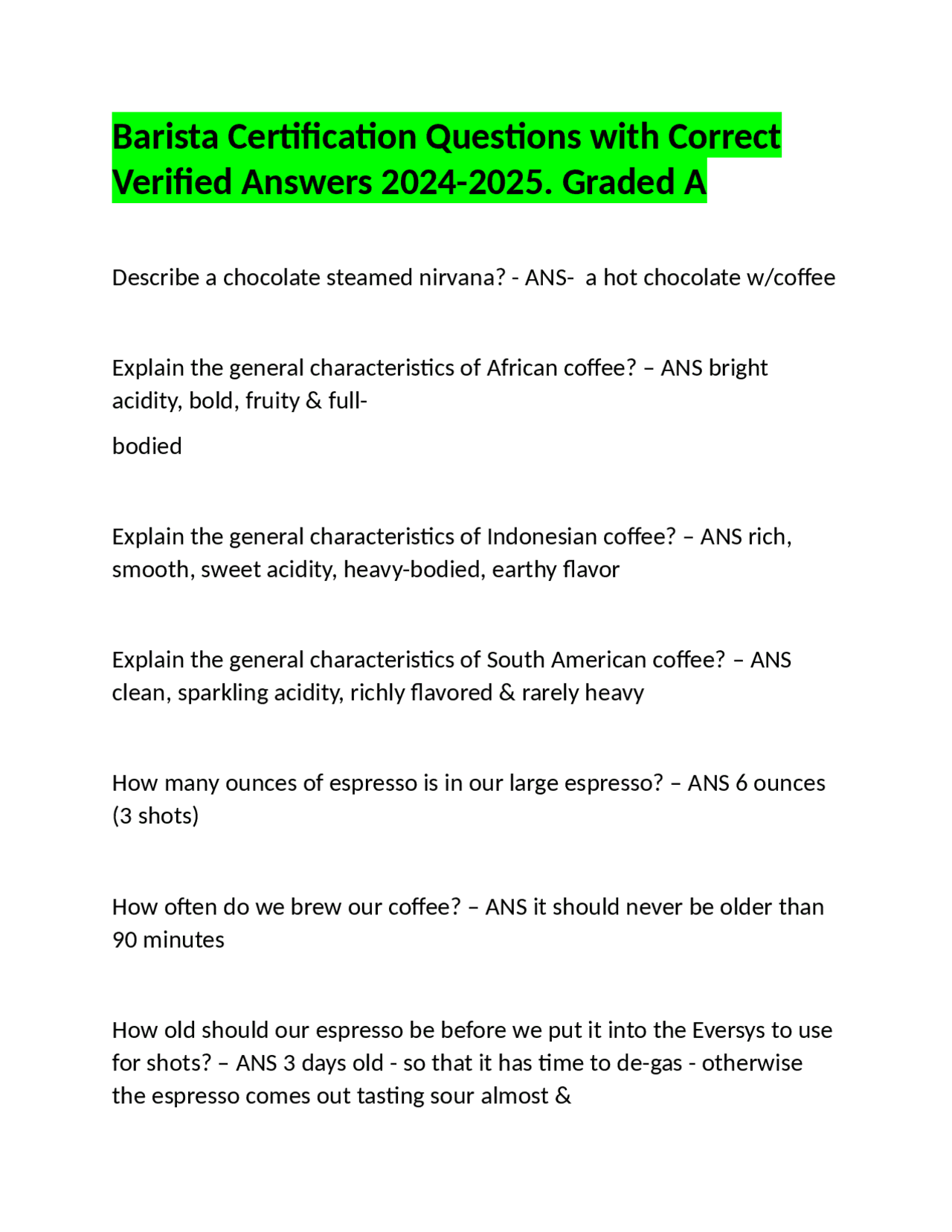 Barista Certification Questions with Correct Verified Answers 2024-2025 ...