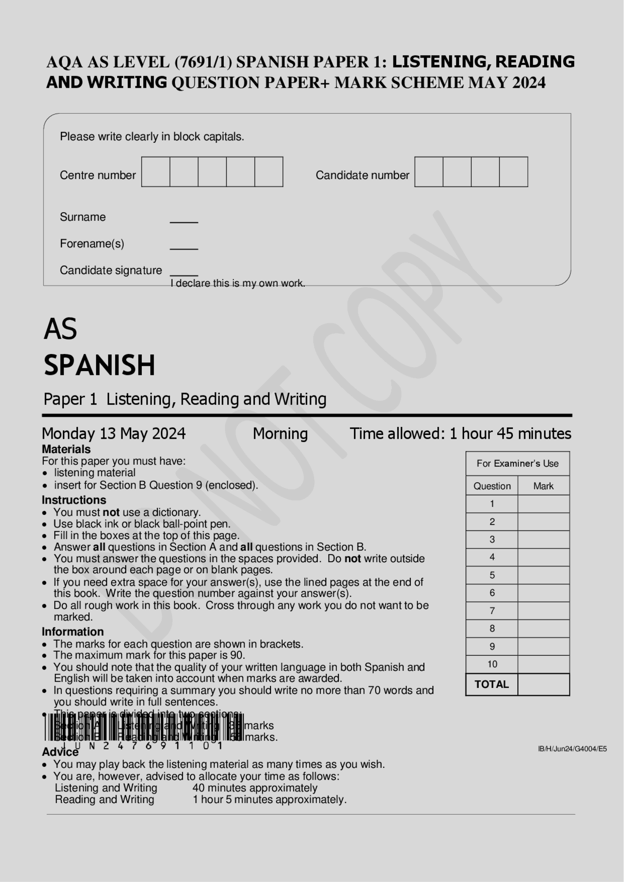 AQA AS LEVEL (7691/1) SPANISH PAPER 1:QUESTION PAPER+ MARK SCHEME MAY ...