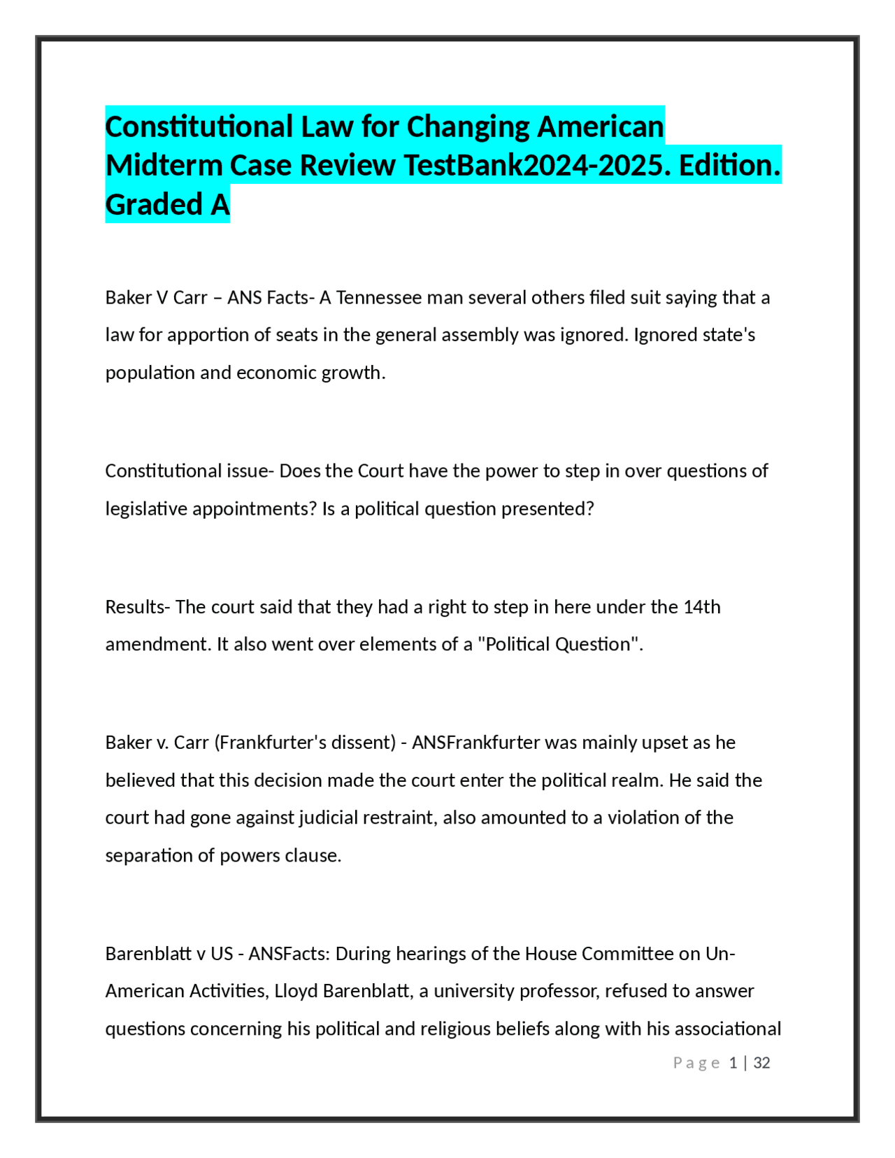 Landmark Supreme Court Cases: A Review | Exams Constitutional Law | Docsity