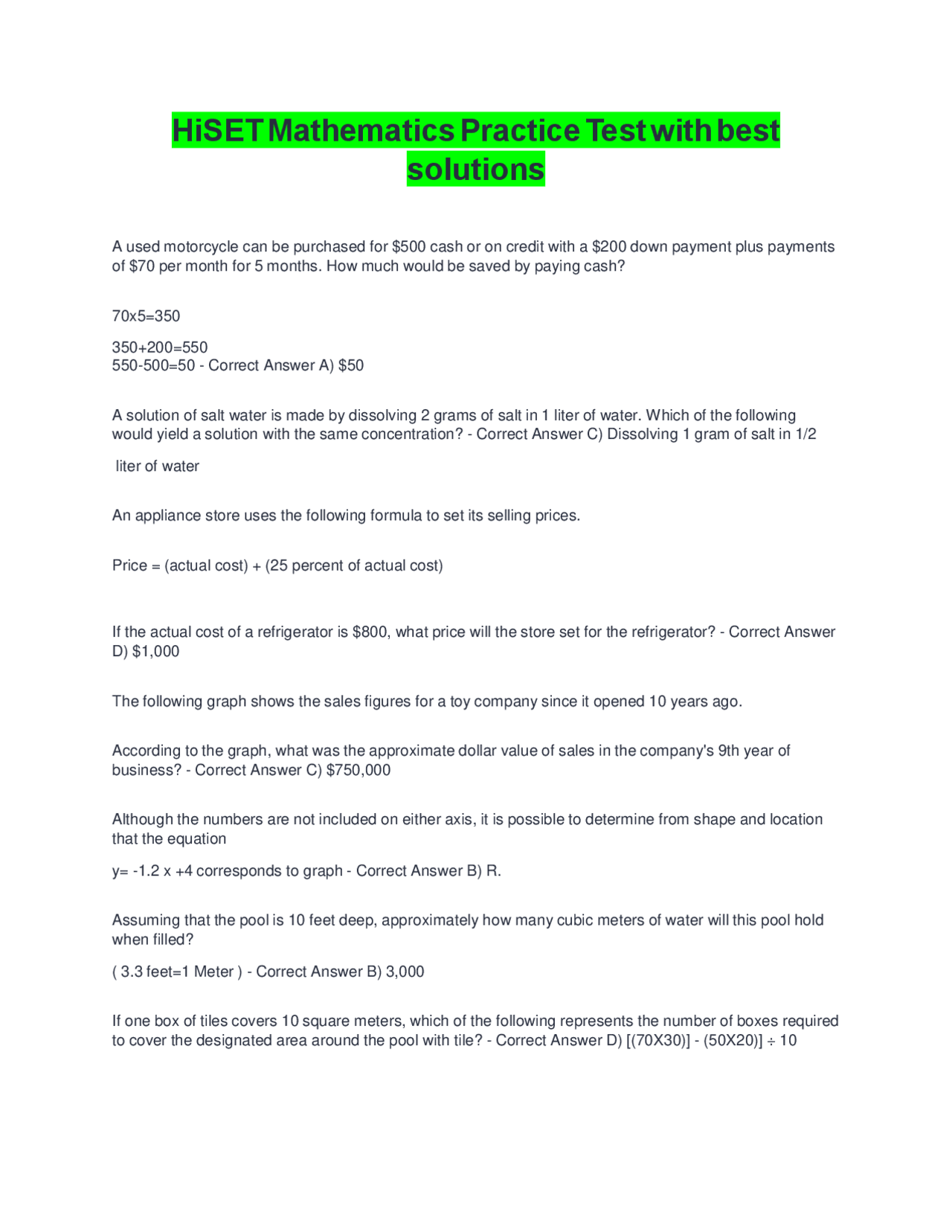 HiSET Mathematics Practice Test with Solutions | Exams Mathematics ...