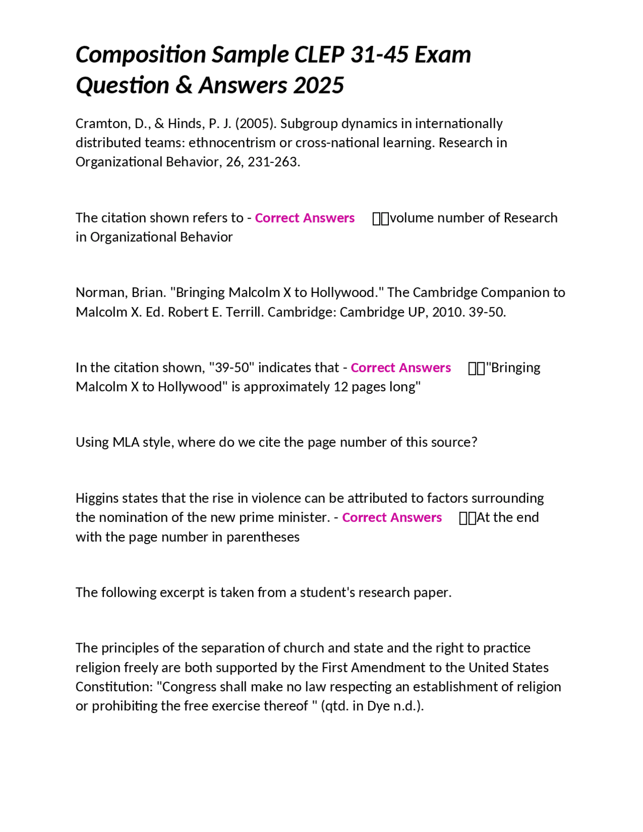 Composition Sample CLEP 31-45 Exam Question & Answers 2025 | Exams ...