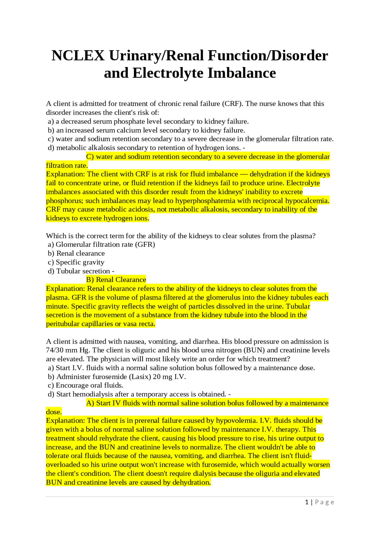 NCLEX Urinary Renal Function Disorder and Electrolyte Imbalance | Exams ...