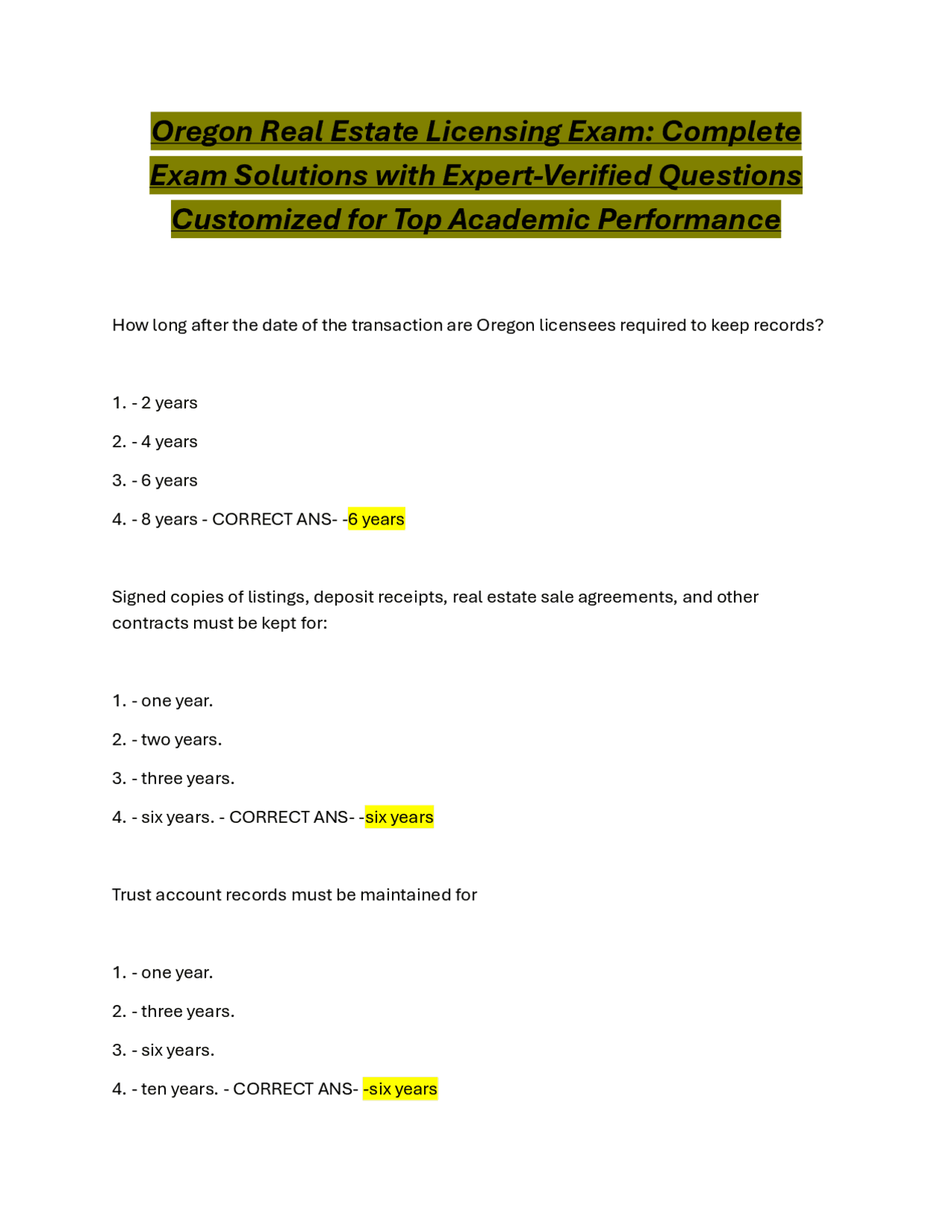 Oregon Real Estate Licensing Exam: Complete Exam Solutions with Expert ...