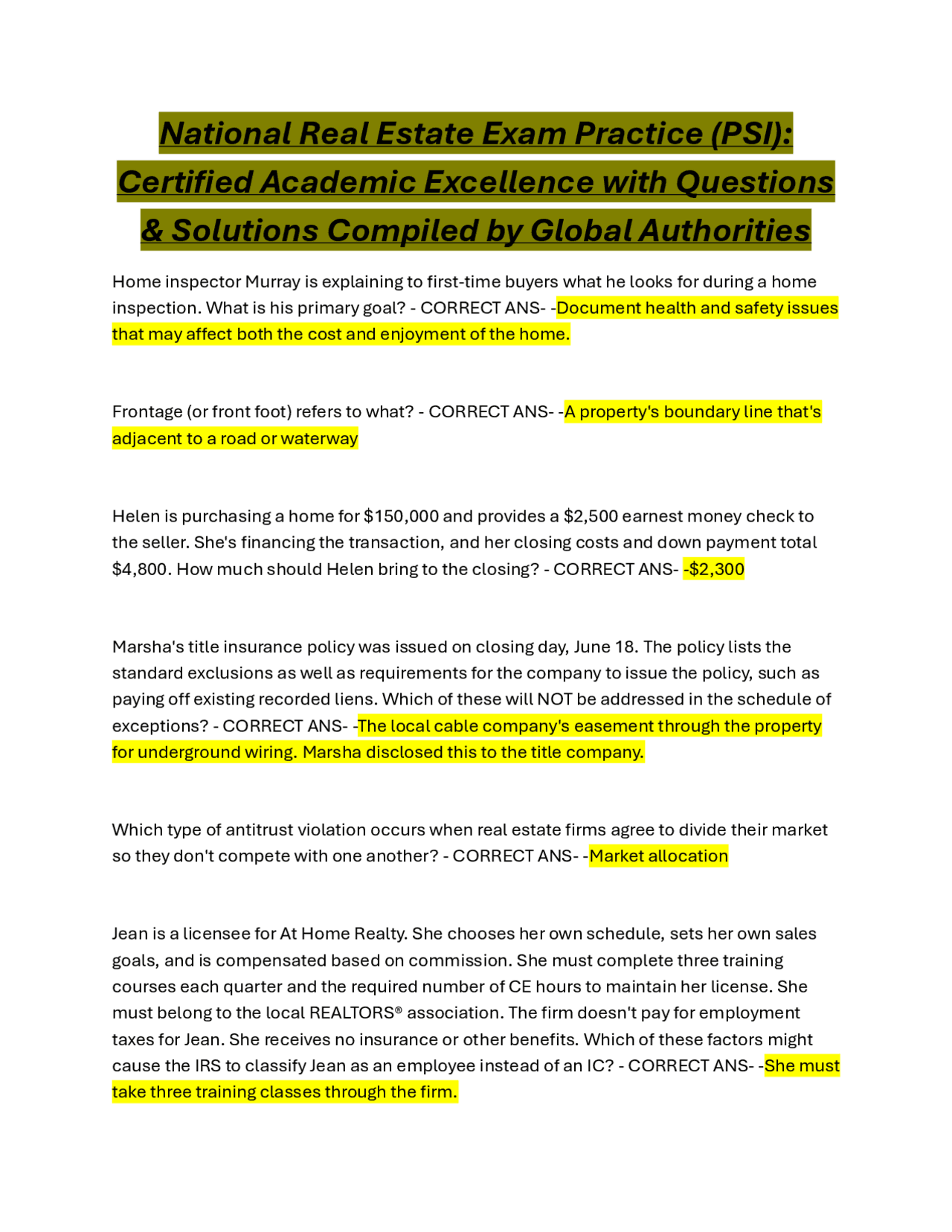 National Real Estate Exam Practice (PSI): Certified Academic Excellence ...