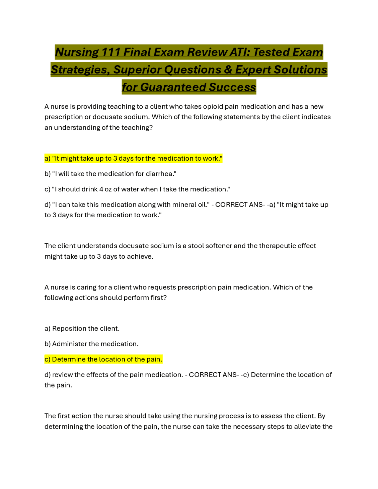 Nursing 111 Final Exam: Comprehensive Review with Expert-Verified ...