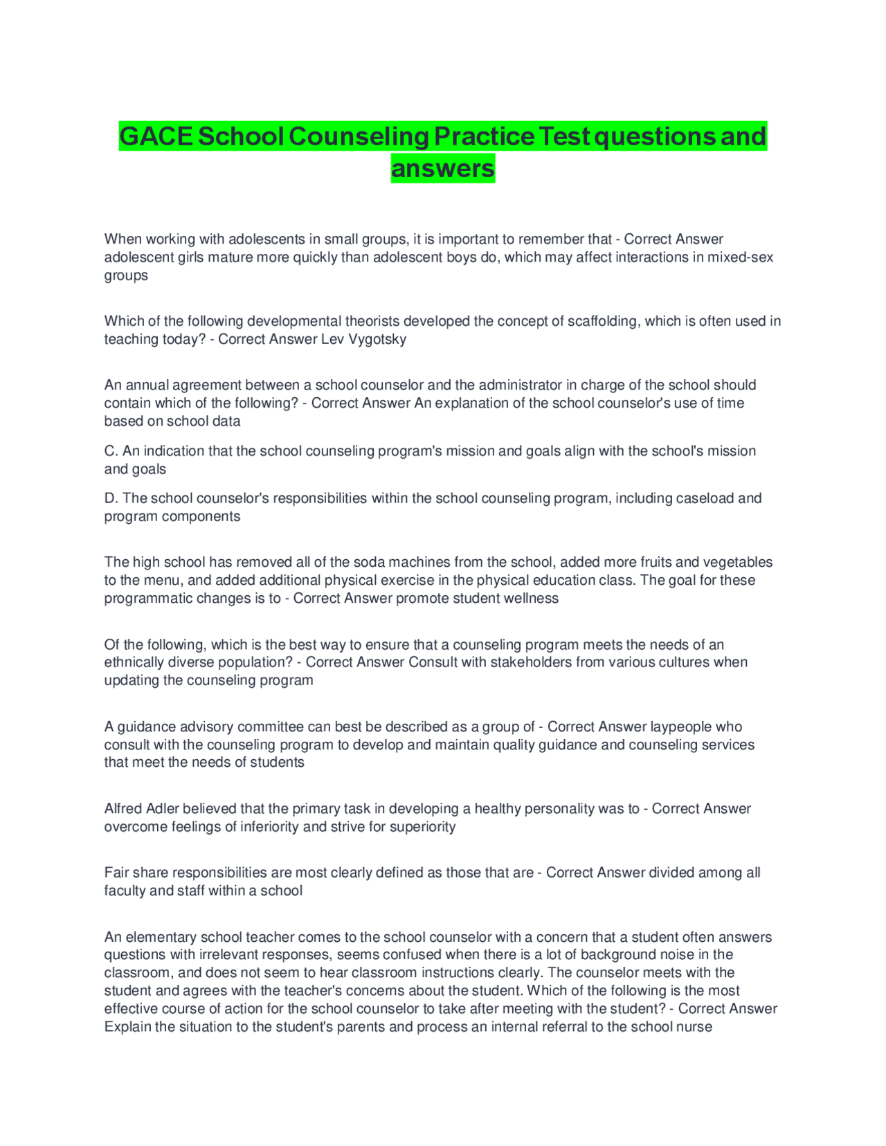 GACE School Counseling Practice Test Questions and Answers | Exams ...