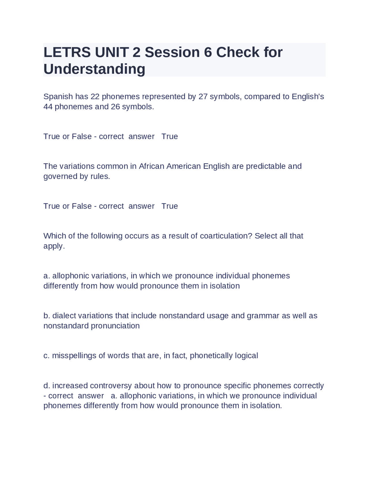 LETRS Unit 2 Session 6 Check for Understanding: Phonetics and Phonology Exercises | Exams ...