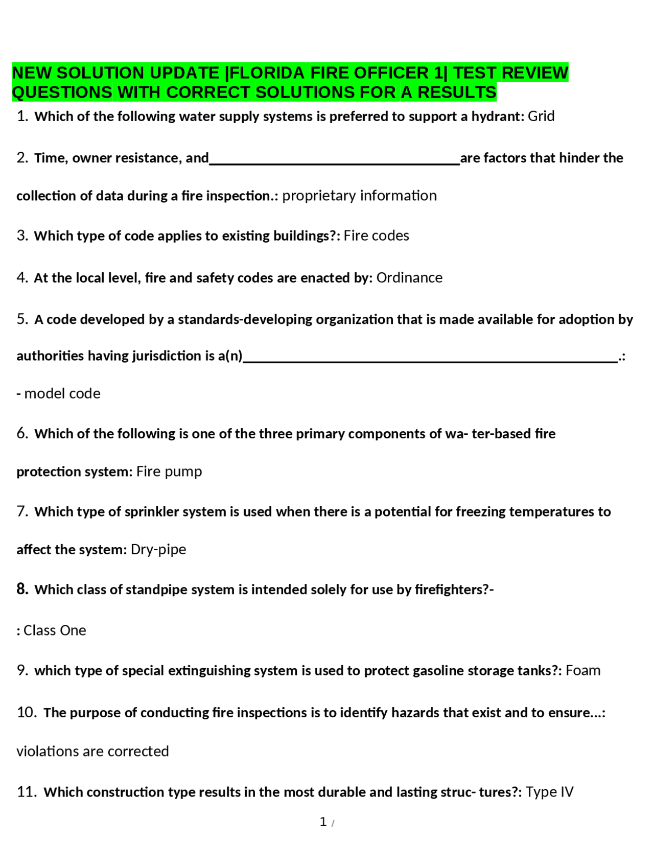 Florida Fire Officer 1 Test Review Questions with Correct Solutions ...