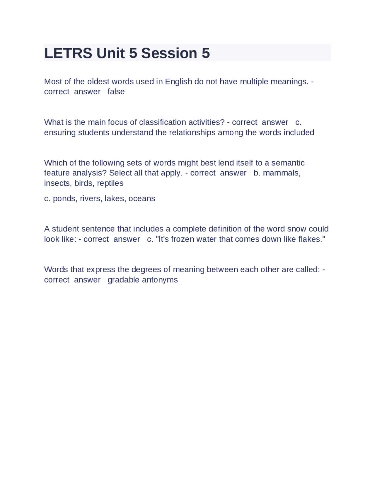 LETRS Unit 5 Session 5 Question and answers correctly solved | Exams ...