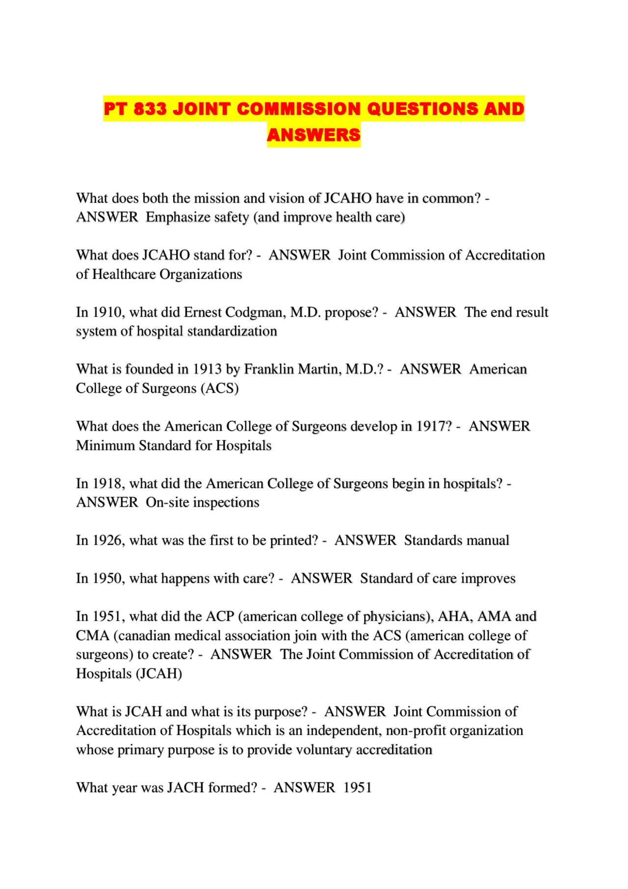 Joint Commission Accreditation of Healthcare Organizations (JCAHO ...