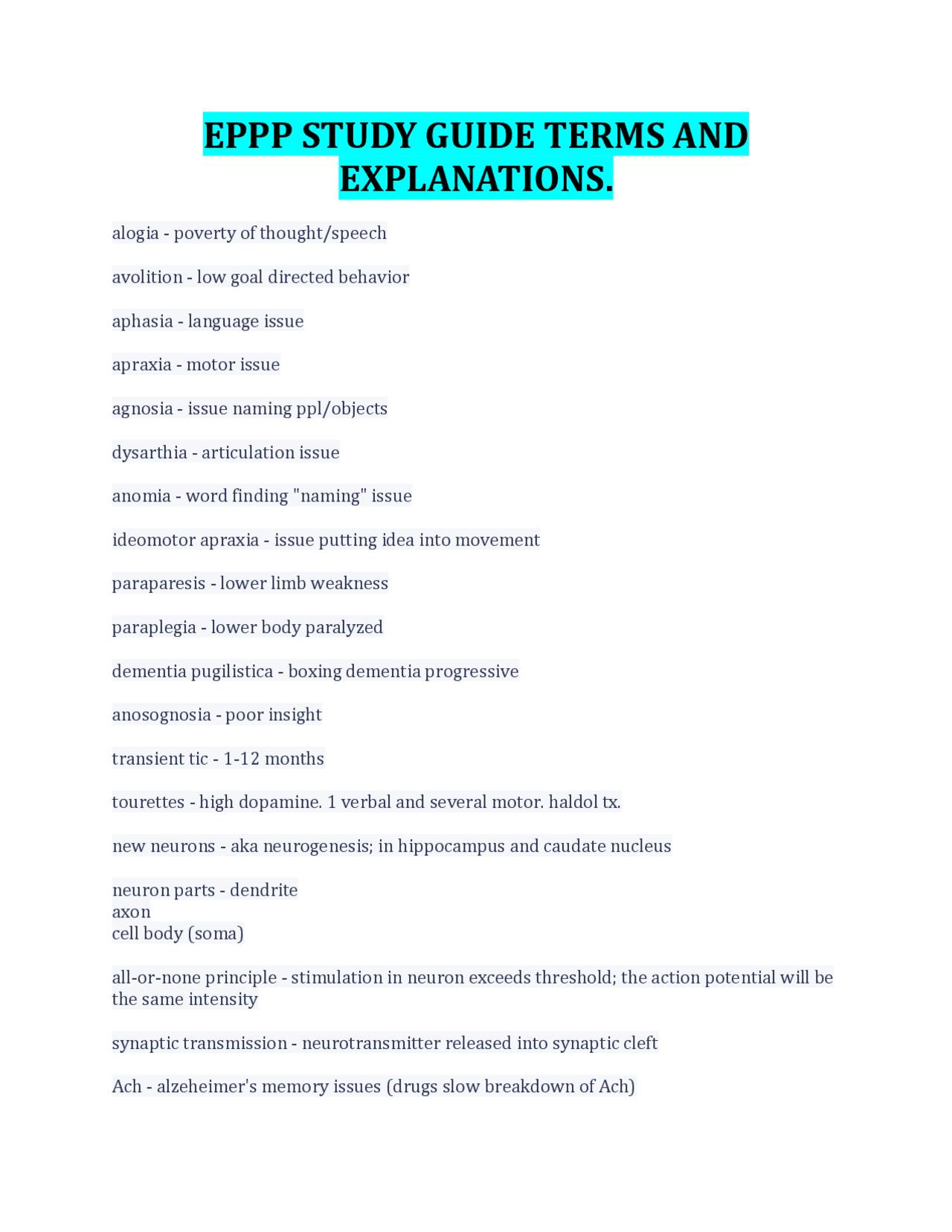 EPPP Study Guide: Terms and Explanations for Psychology and Neuroscience | Exams Health sciences ...