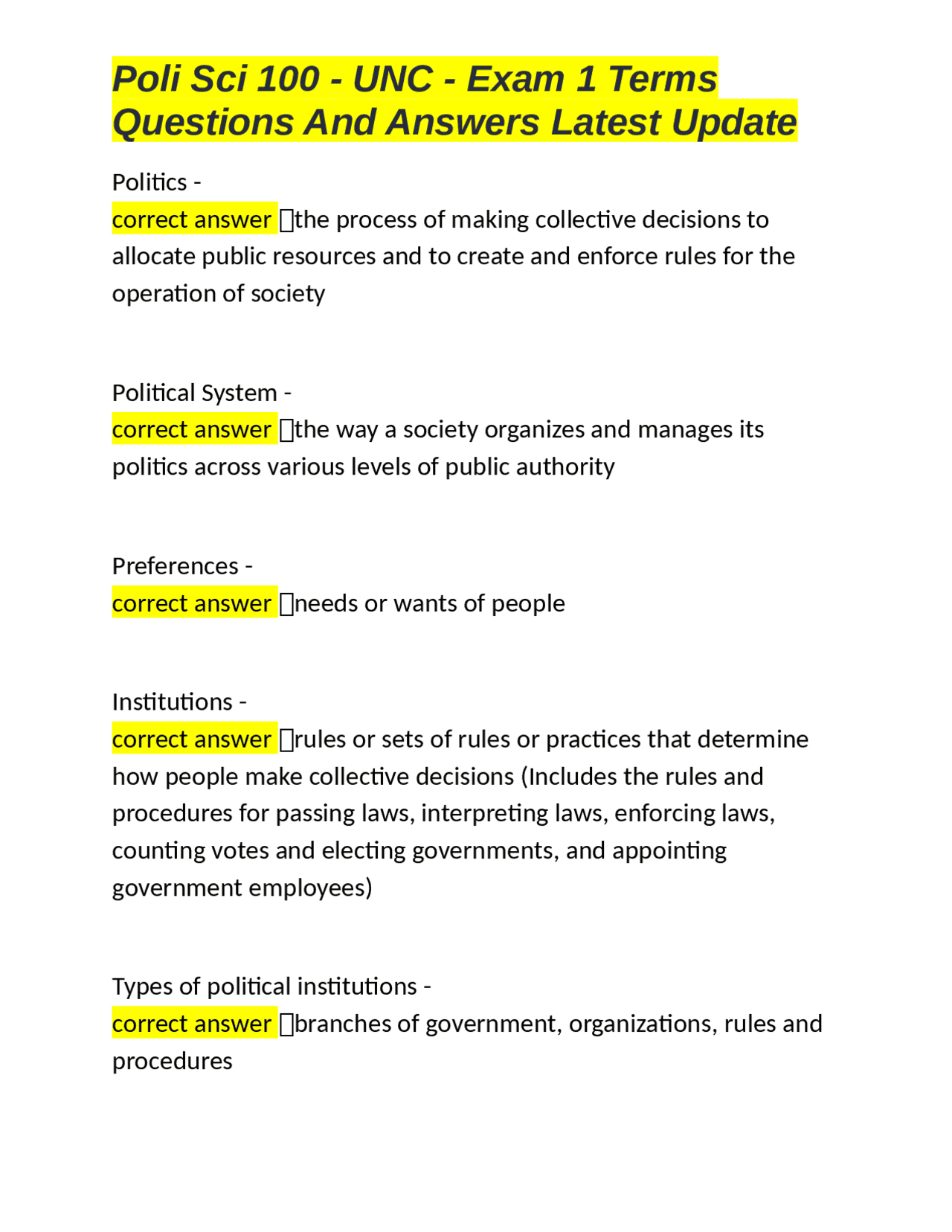 Political Science 100 Exam 1 Terms: Definitions and Explanations ...