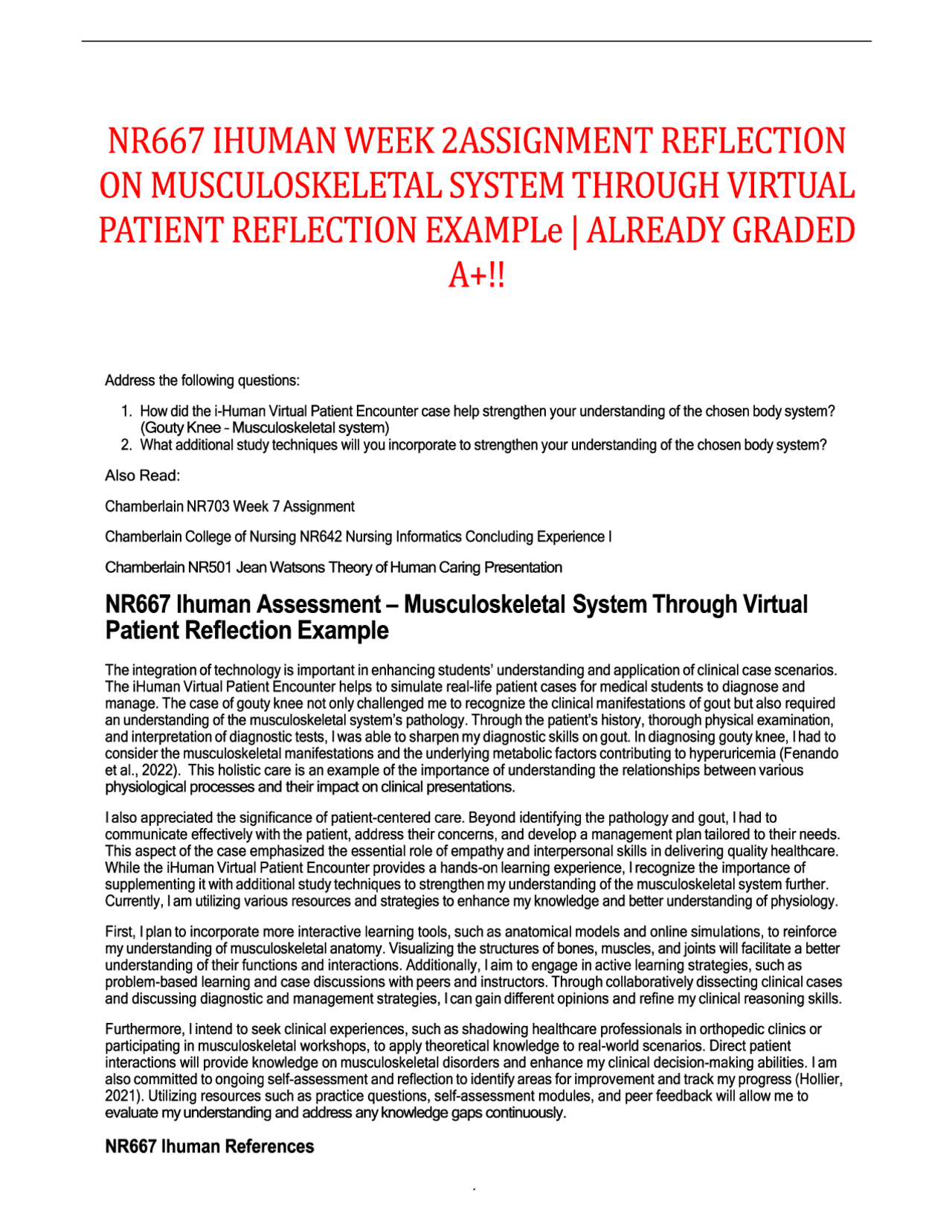 NR667 IHUMAN WEEK 2ASSIGNMENT REFLECTION ON MUSCULOSKELETAL SYSTEM ...