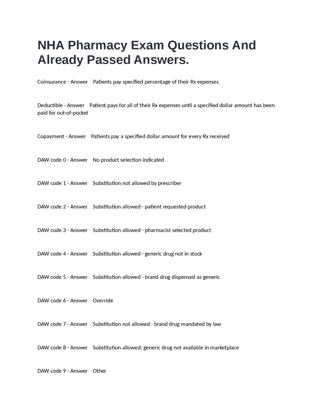 NHA Pharmacy Exam Questions And Already Passed Answers. | Exams Nursing ...