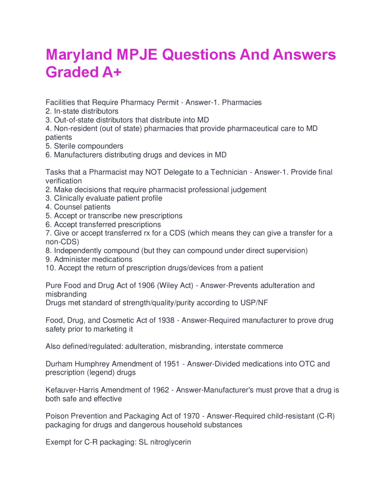 Maryland MPJE Questions and Answers: A Comprehensive Guide for Pharmacy ...