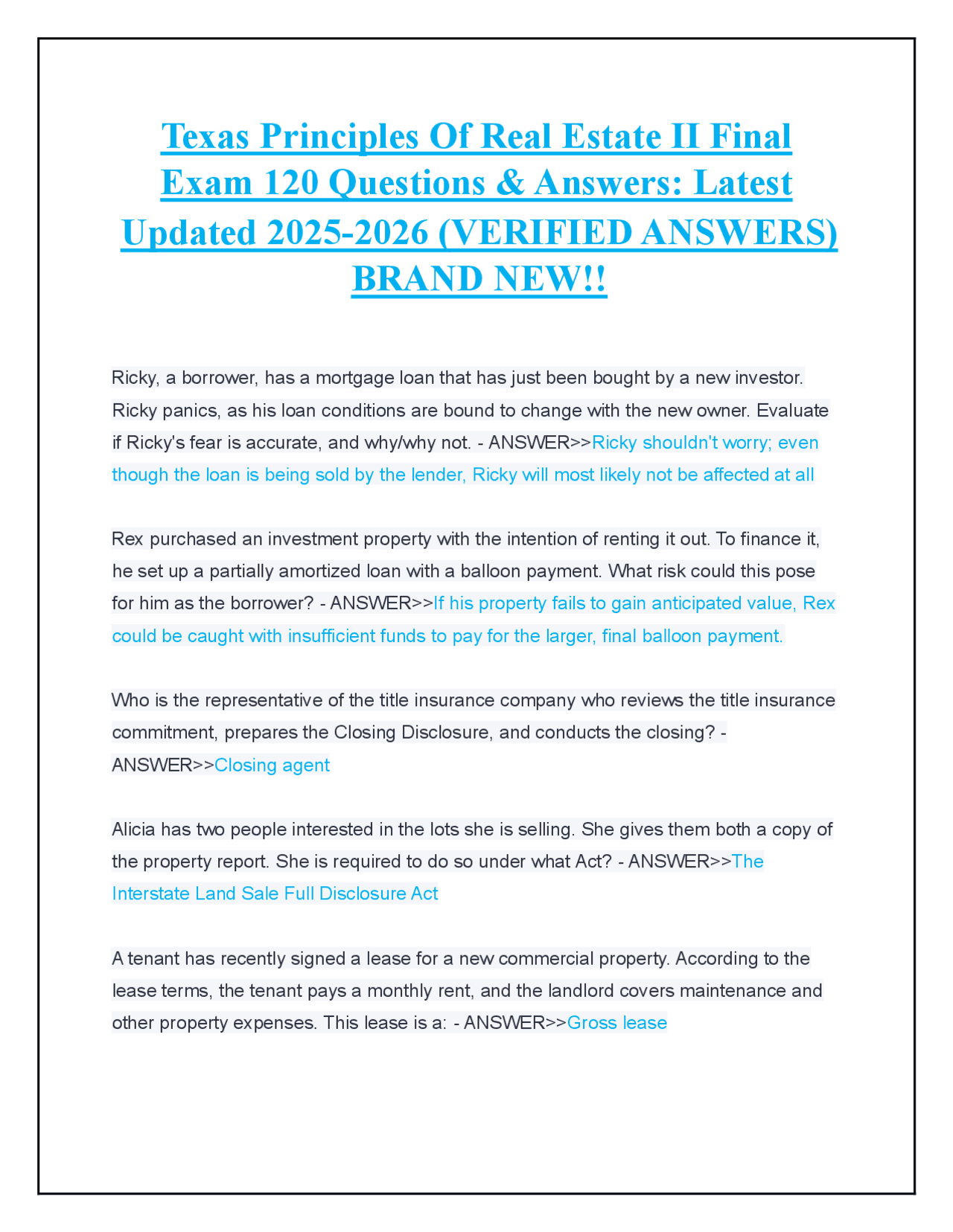 Texas Principles Of Real Estate II Final Exam 120 Questions & Answers ...