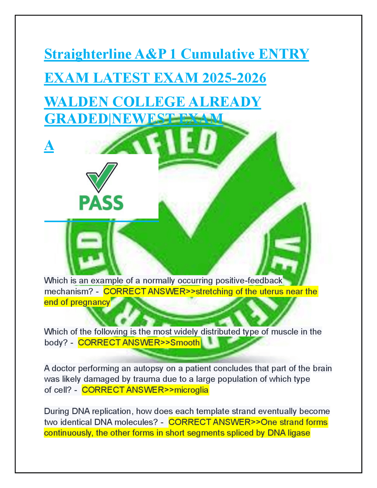 Straighterline A&P 1 Cumulative Entry Exam: Anatomy and Physiology ...