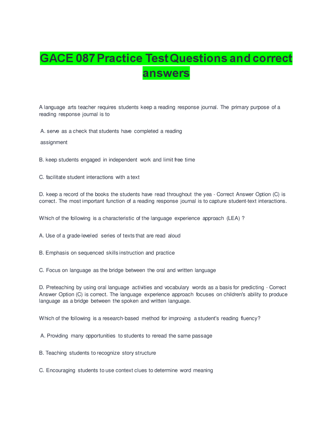 GACE 087 Practice Test Questions and Answers: Language Arts Education ...