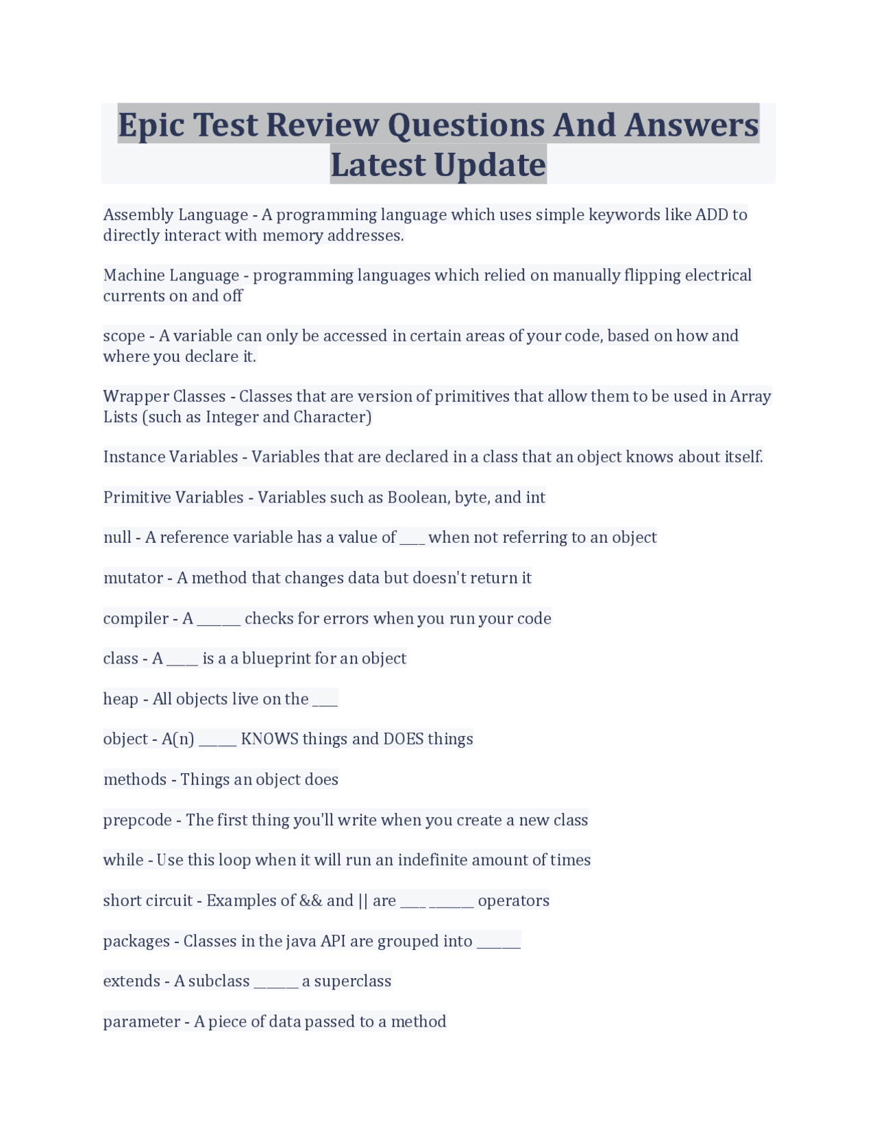 Epic Test Review Questions And Answers Latest Update | Exams Advanced ...
