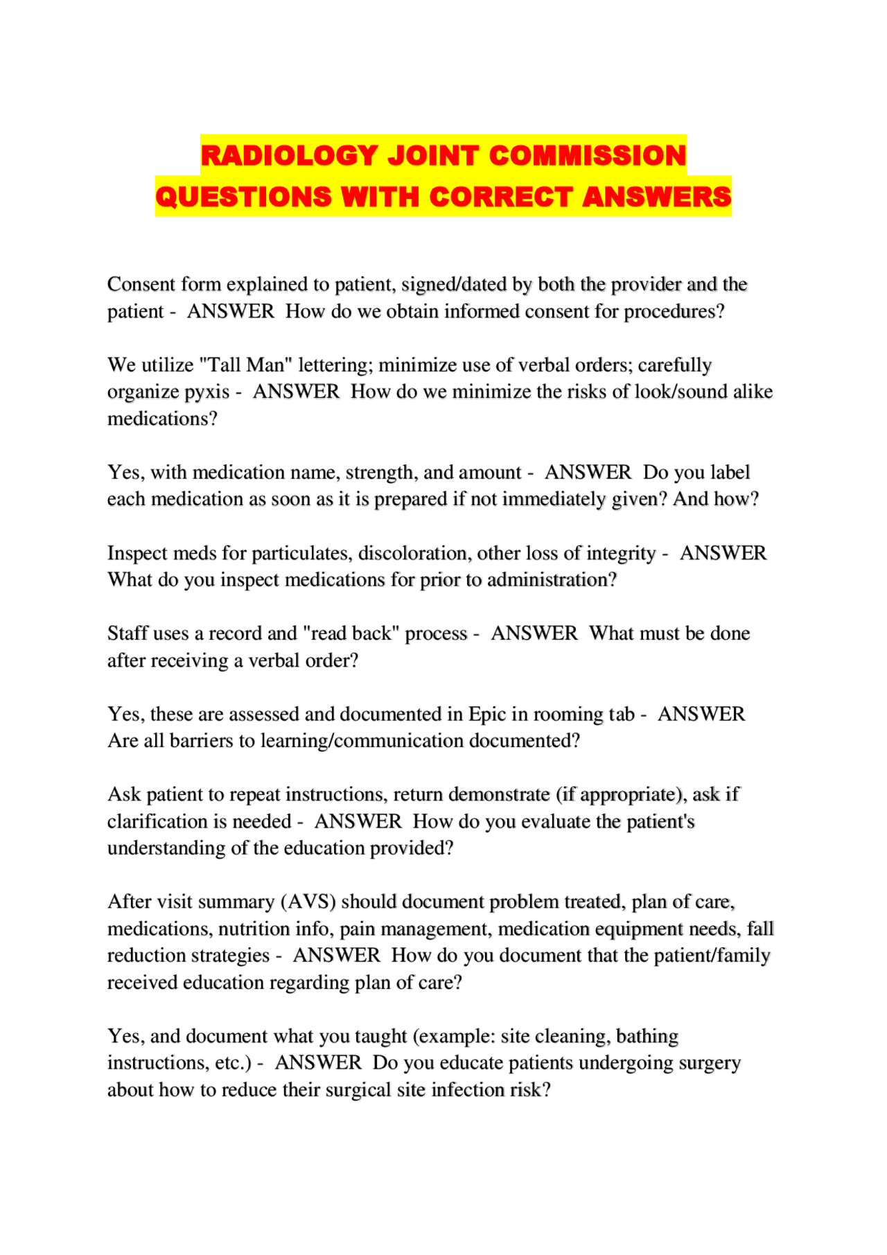 Radiology Joint Commission Questions and Answers | Exams Nursing | Docsity