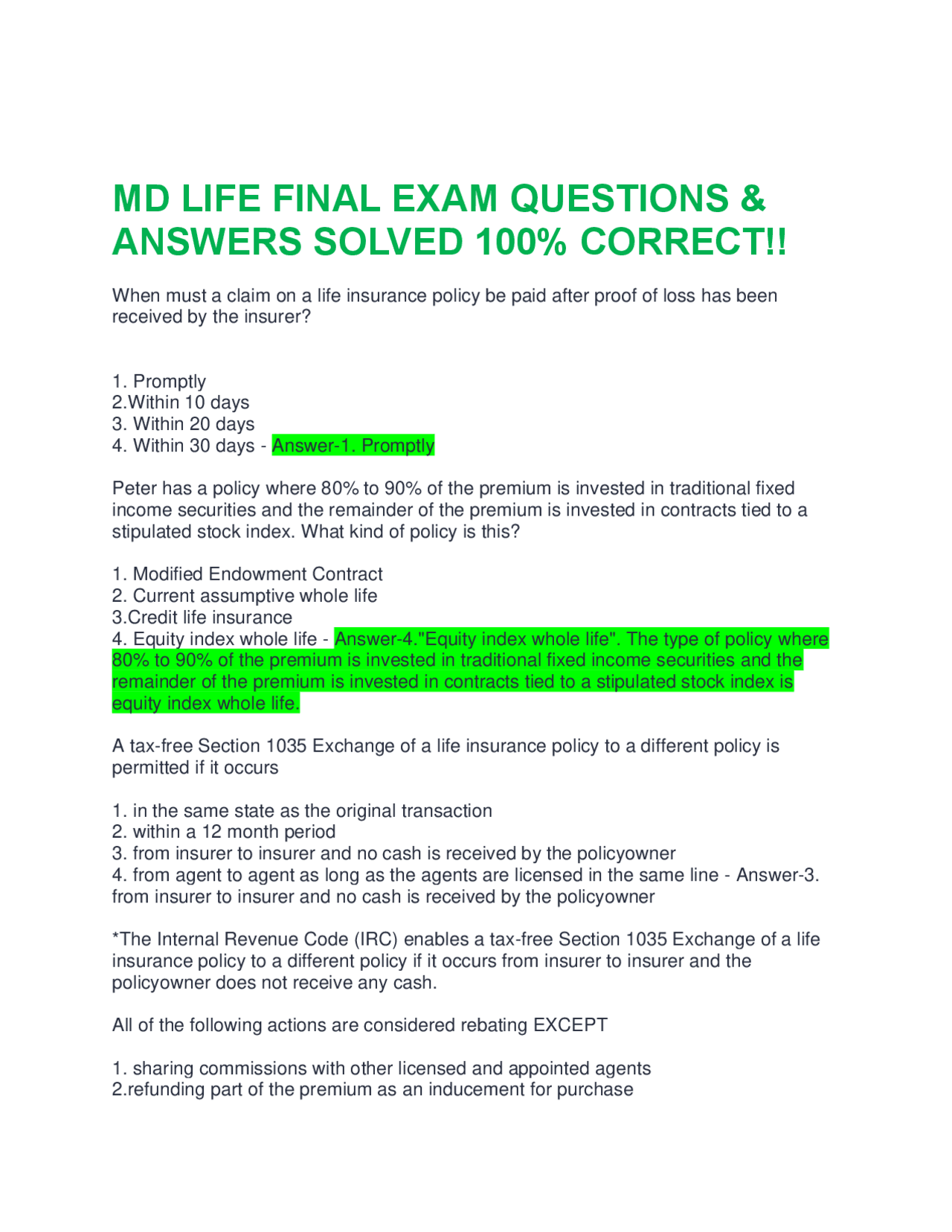 MD LIFE FINAL EXAM QUESTIONS & ANSWERS SOLVED 100% CORRECT!! | Exams ...