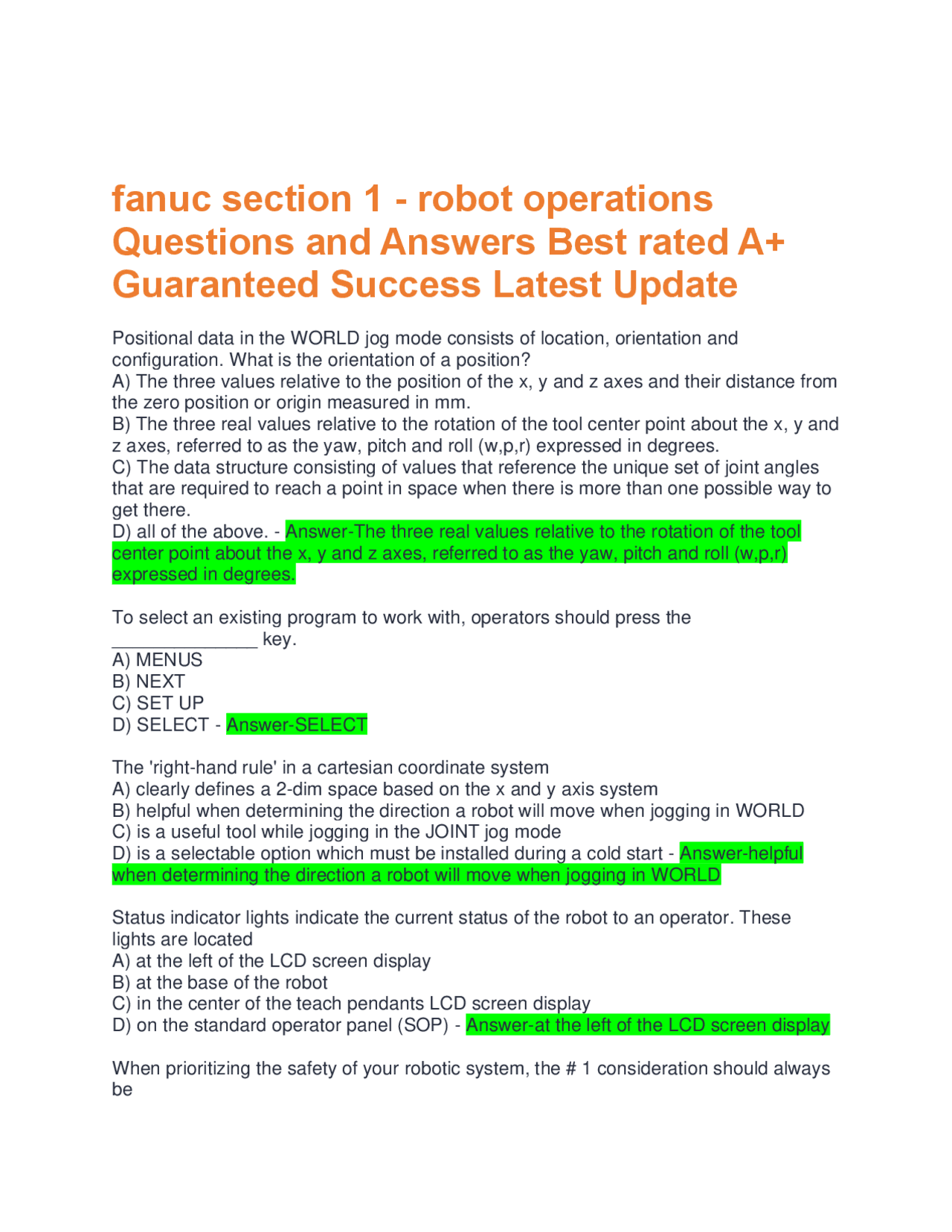 Fanuc Robot Operations: Questions and Answers | Exams Advanced Education | Docsity