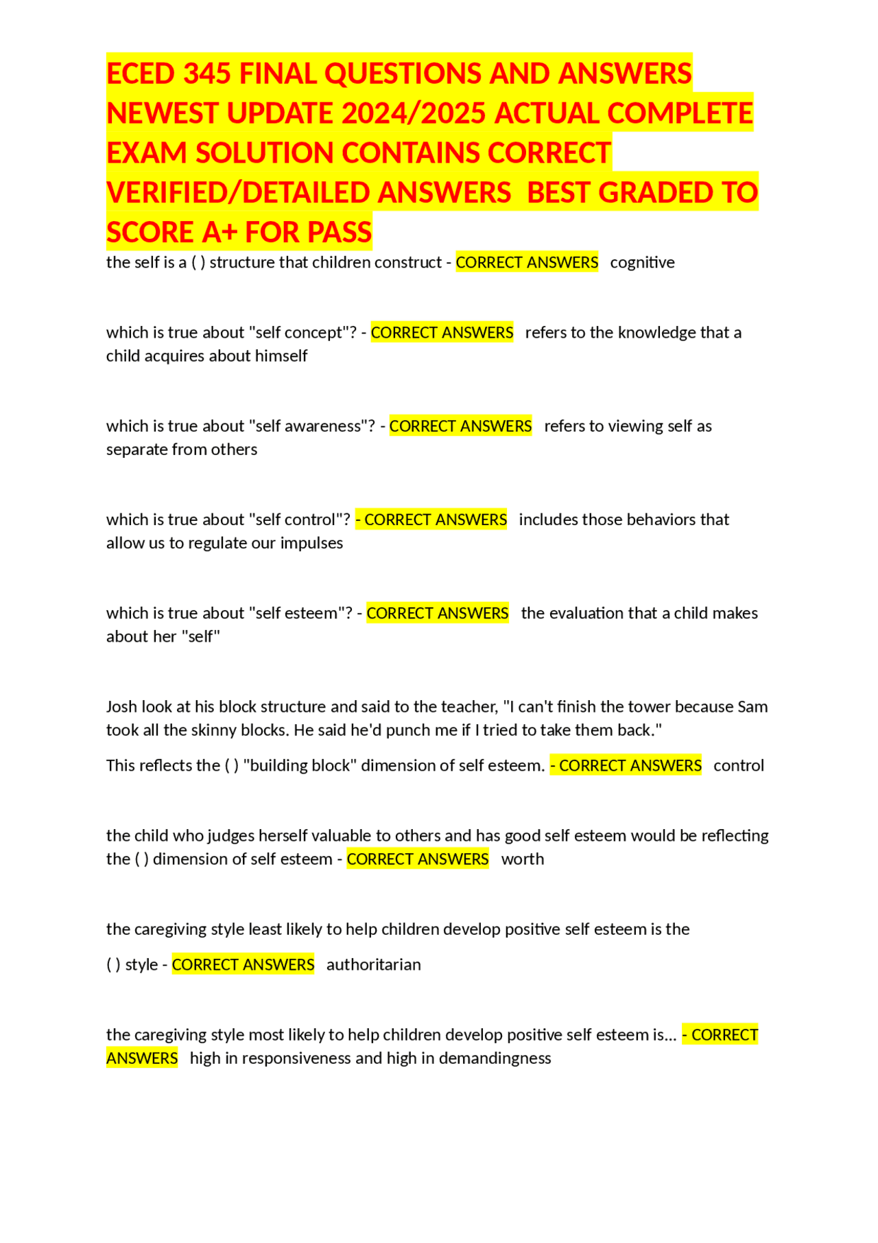 ECED 345 Final Exam: Self-Esteem, Emotional Intelligence, and Stress | Exams Nursing | Docsity