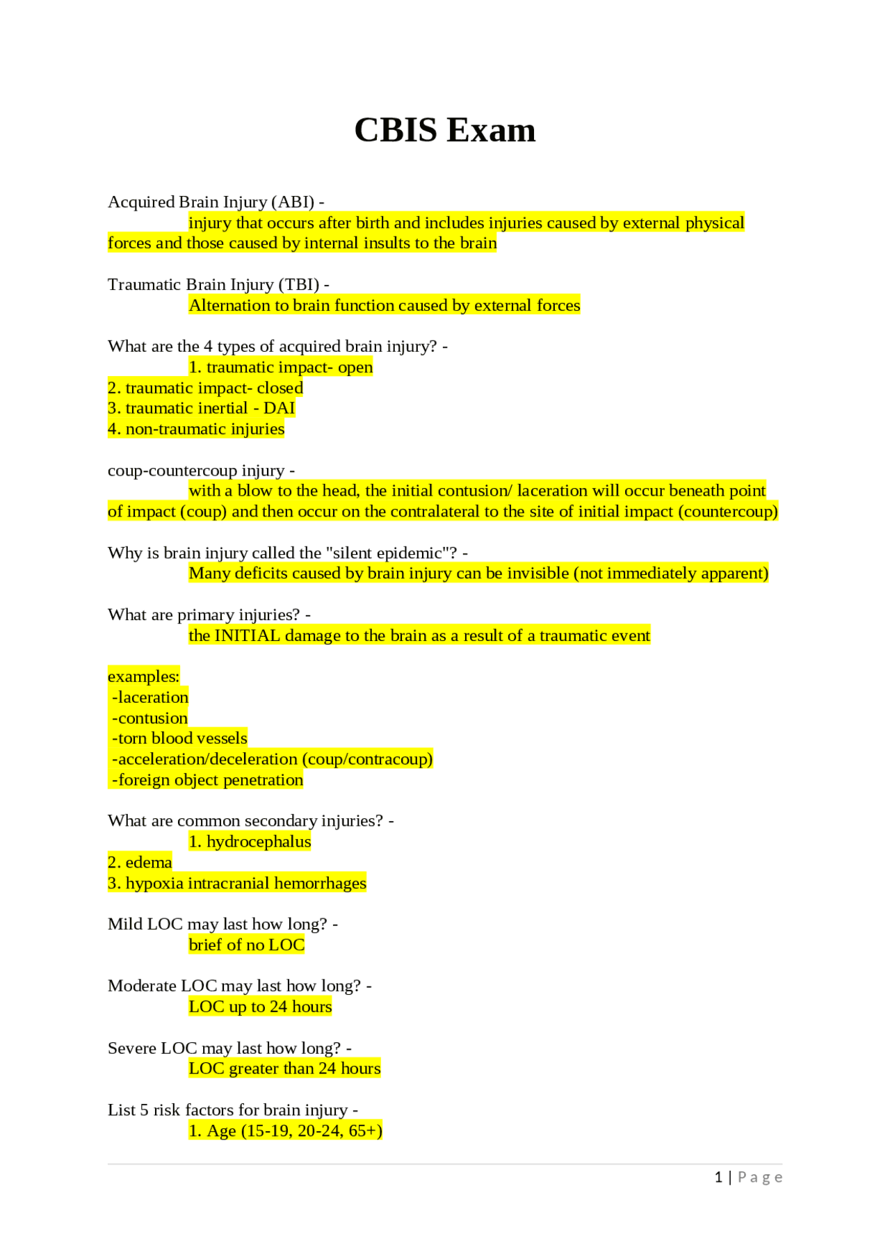 Acquired Brain Injury (ABI) - CBIS Exam Study Guide | Exams Nursing ...