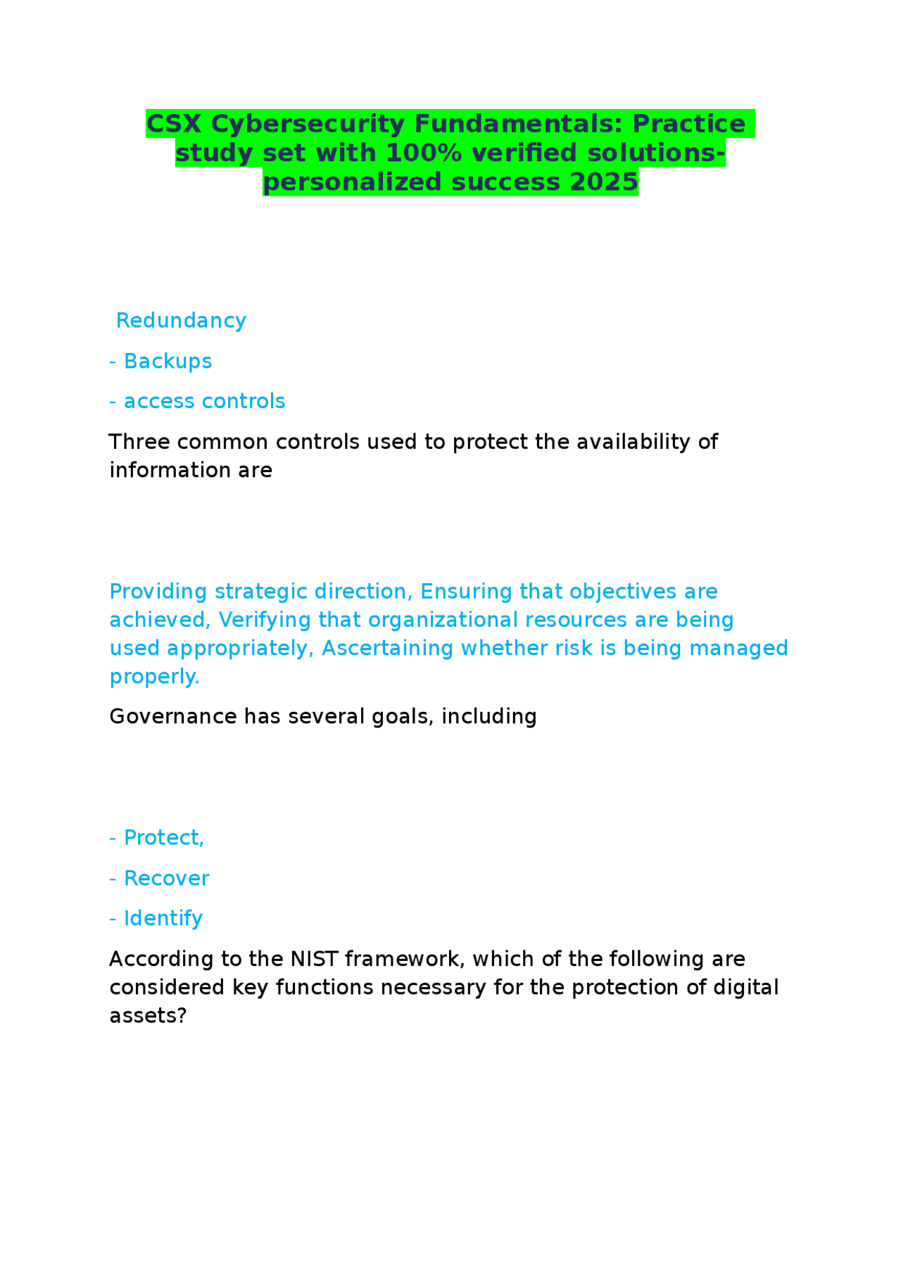 CSX Cybersecurity Fundamentals: Practice study set with 100% verified solutions-personali ...