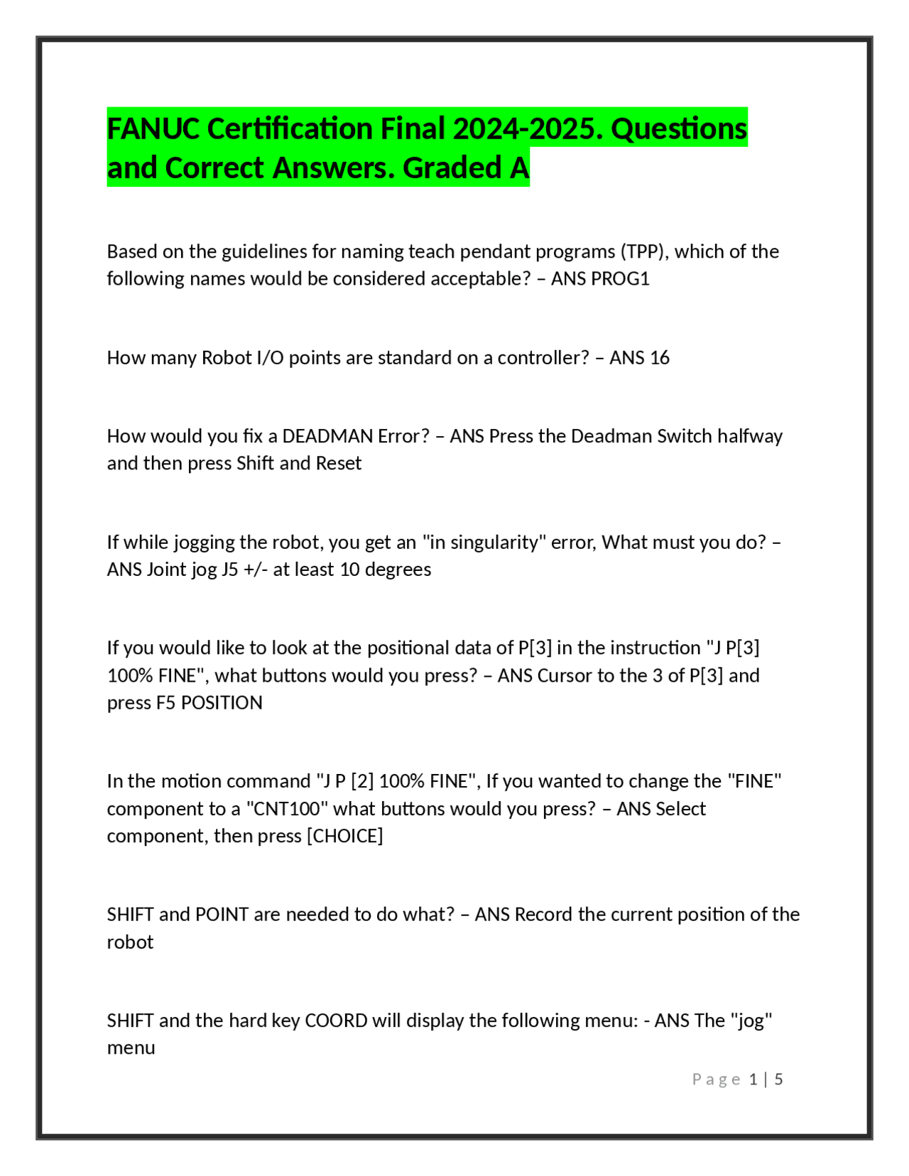 FANUC Certification Final 2024-2025. Questions and Correct Answers ...