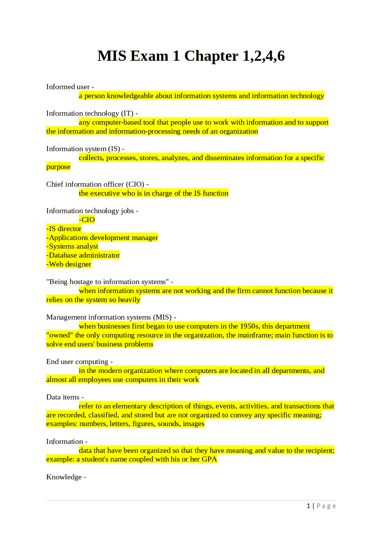 Introduction to Information Systems: Key Concepts and Definitions | Exams Computer Science | Docsity