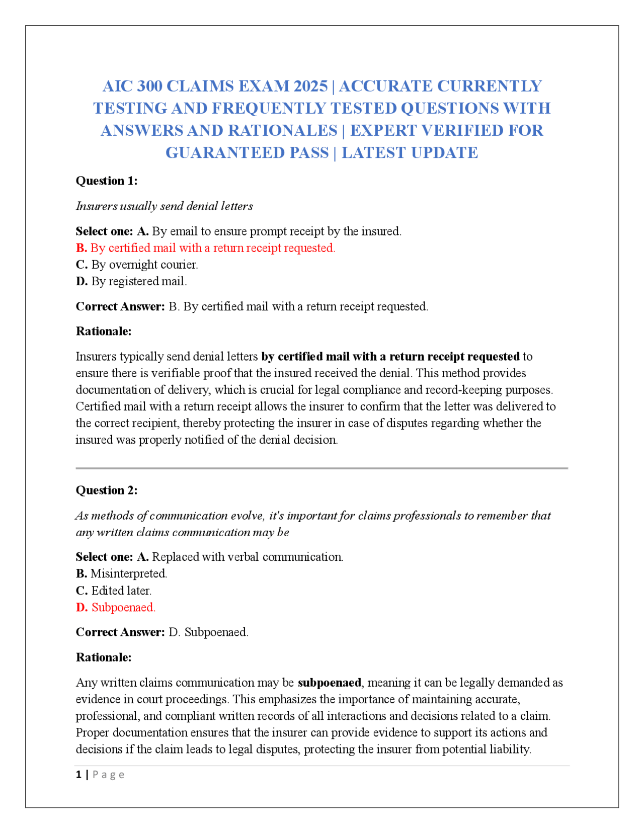 AIC 300 Claims Exam 2025: Frequently Tested Questions with Answers and ...