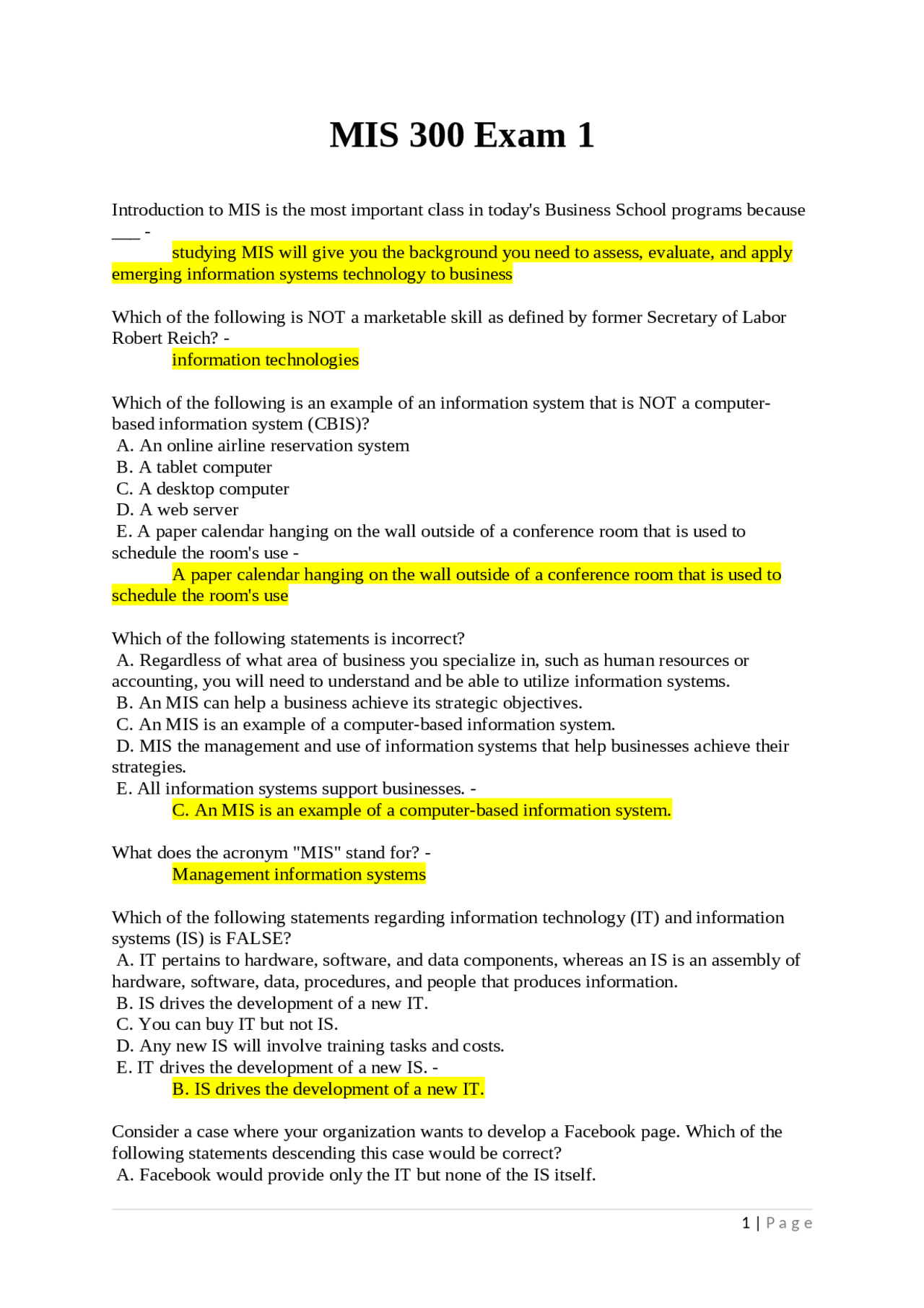 MIS 300 Exam 1: Introduction to Management Information Systems | Exams ...